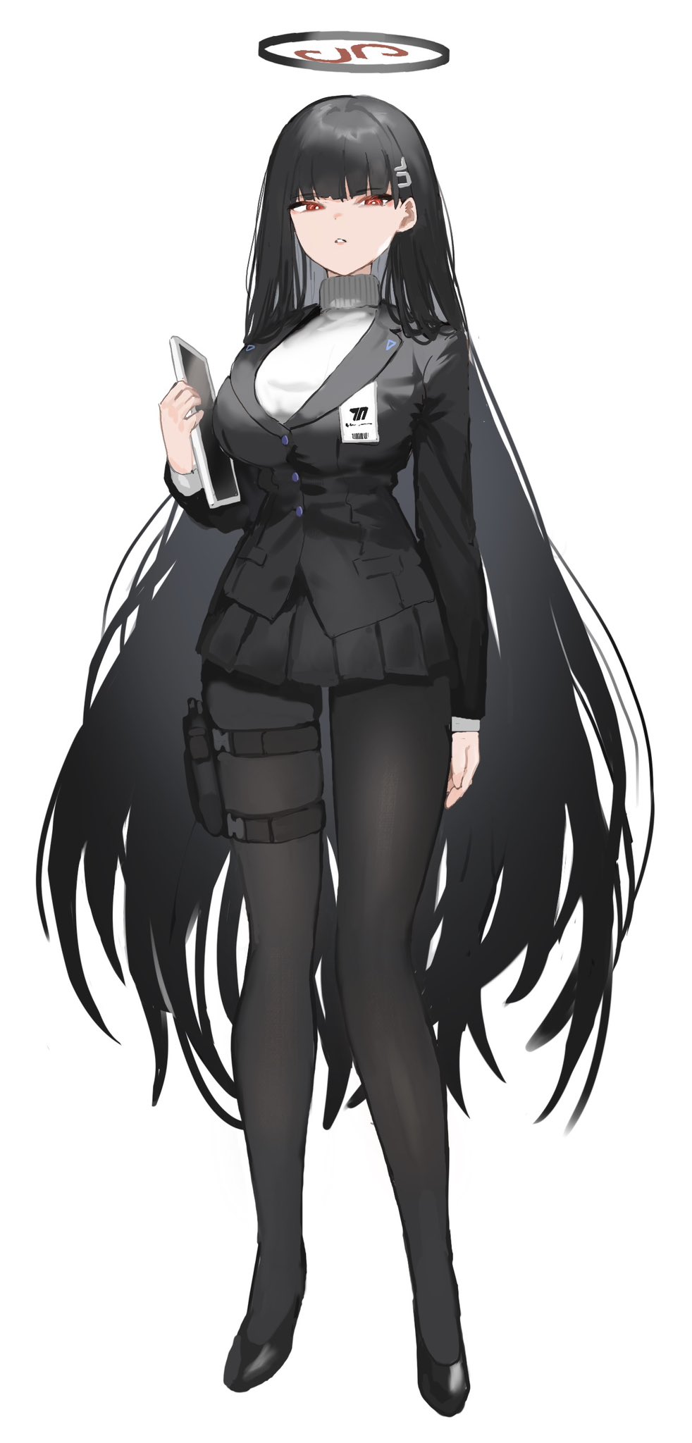 Safebooru - 1girl bangs black footwear black hair black pantyhose black skirt black suit blue ...