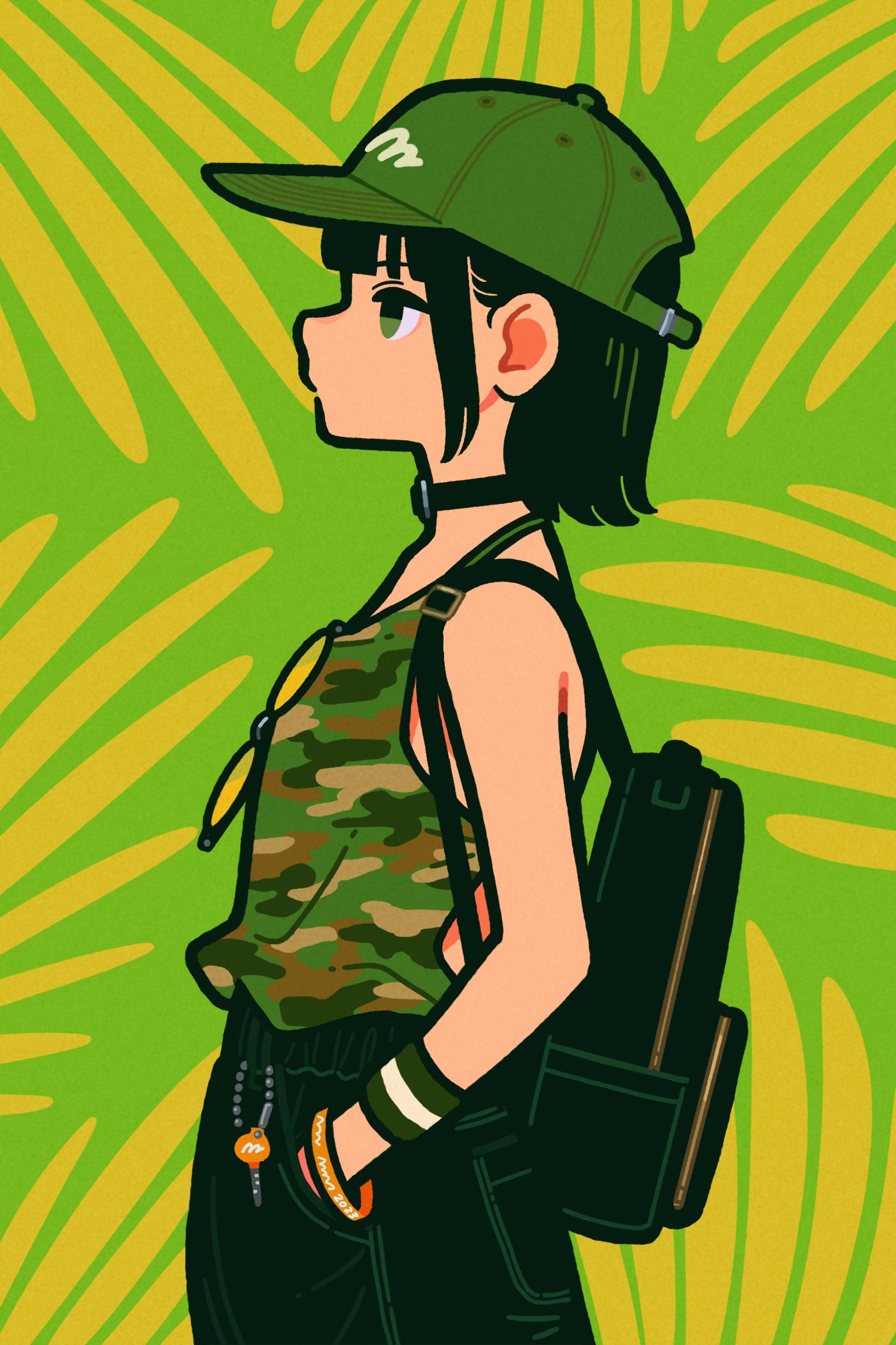 Safebooru - 1girl backpack bag baseball cap black bag black choker black hair black pants ...