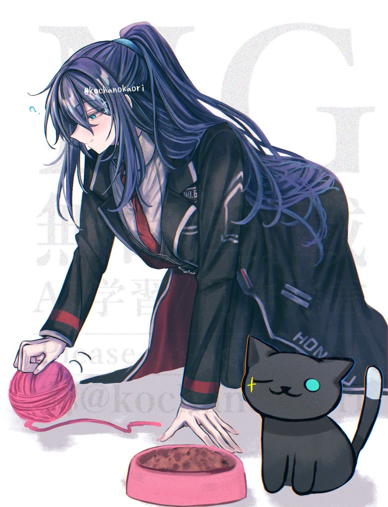 Safebooru - 1boy :3 all fours animalization aqua eyes black cat black coat black hair black ...