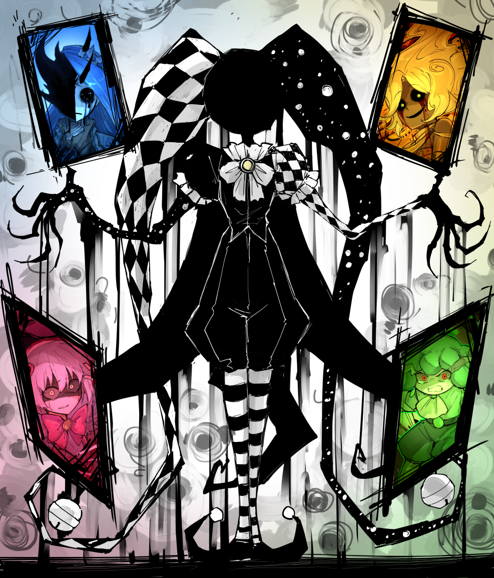 Safebooru - 1other 4girls baggy pants bow claws faceless facing viewer ...