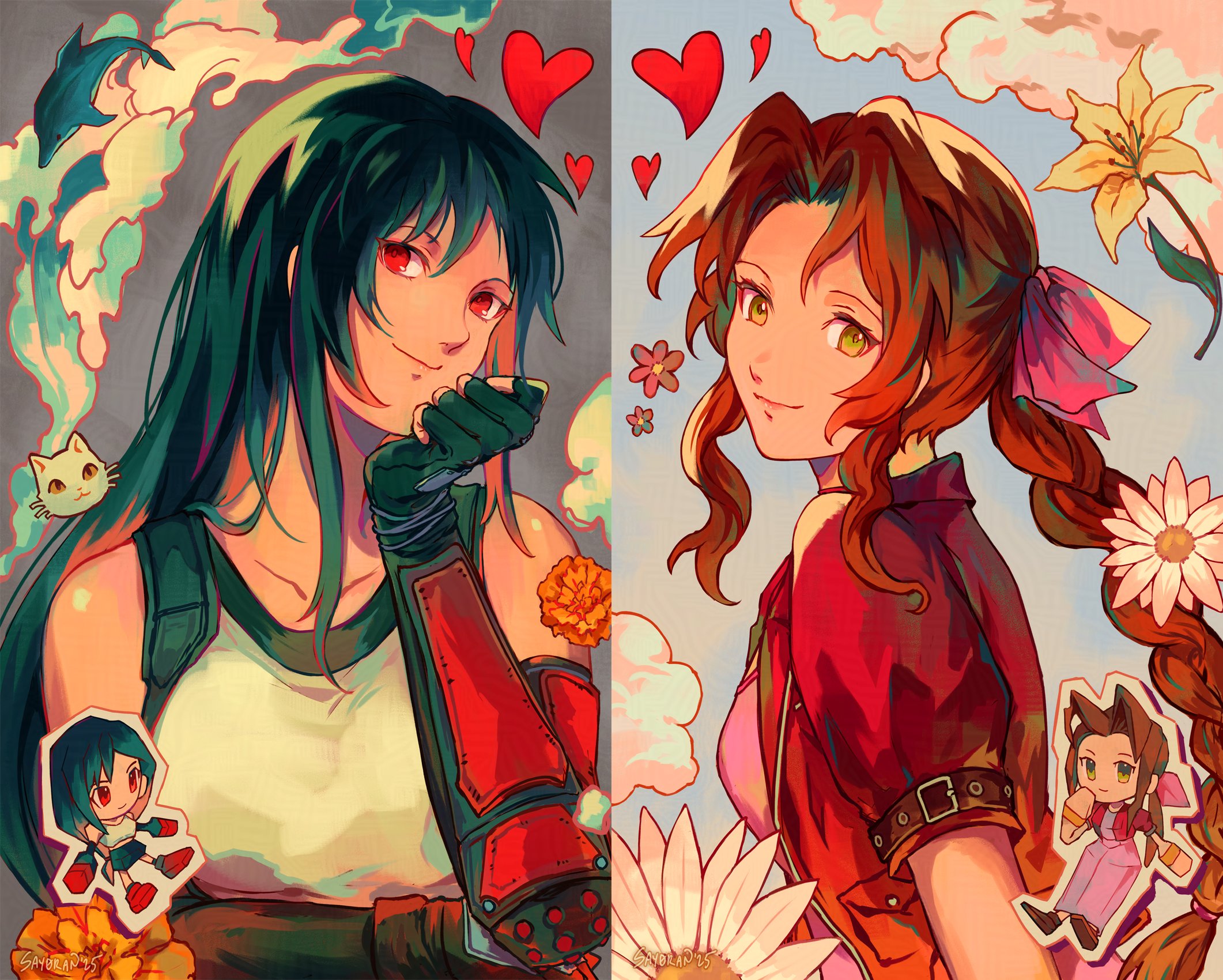 Safebooru - 2girls aerith gainsborough animal artist name bare shoulders black gloves black hair ...