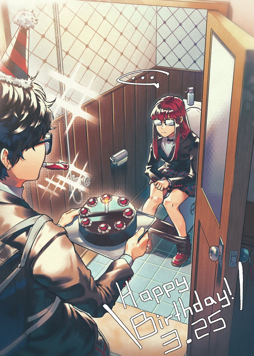 Safebooru - ... 1boy 1girl amamiya ren andrich galam bag birthday cake black-framed eyewear ...