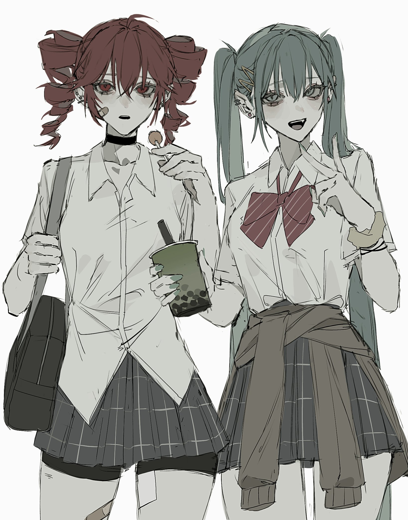 Safebooru - 2girls ahoge alternate costume aqua eyes aqua hair aqua nails bag bandaid bandaid on ...