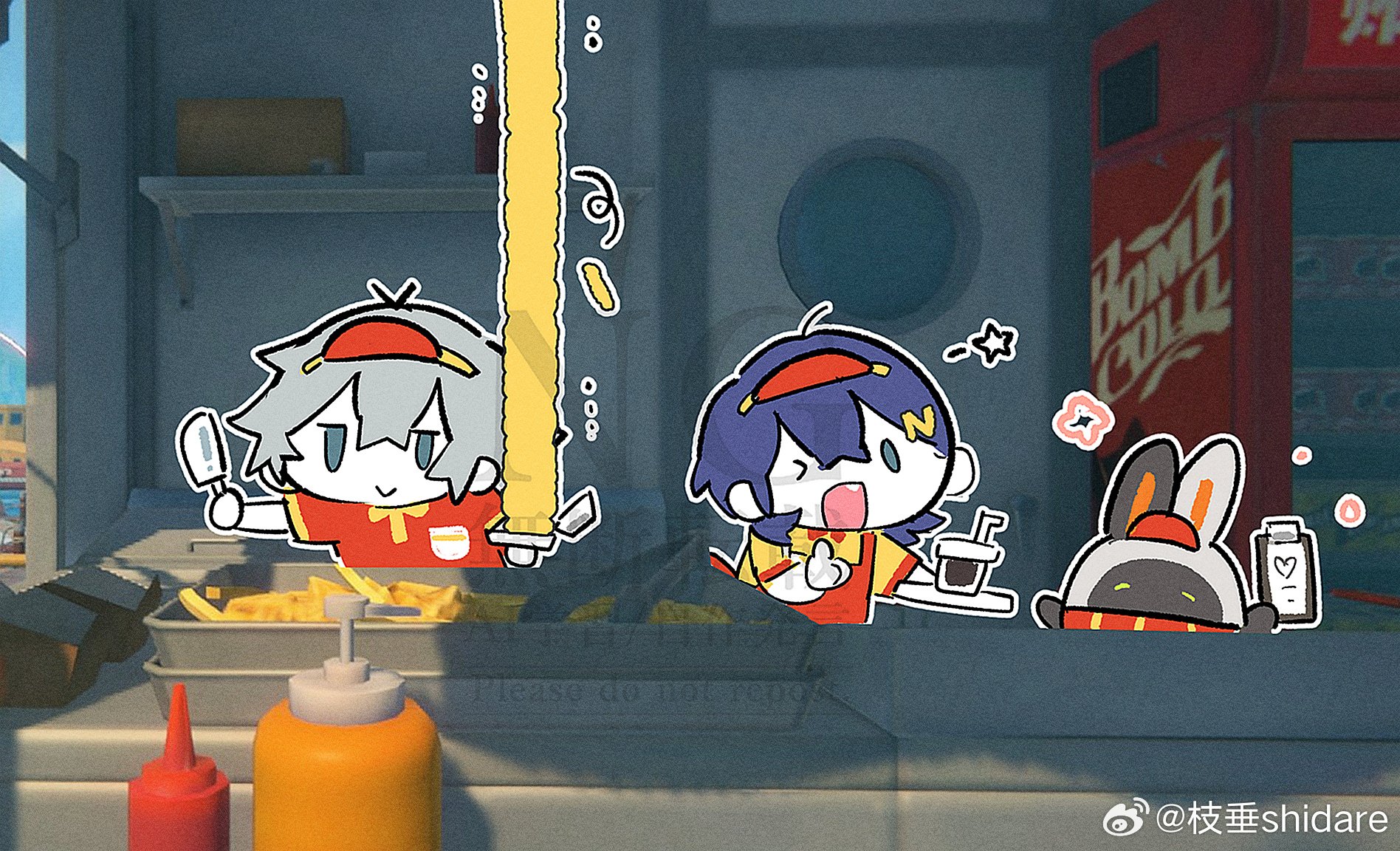 Safebooru - > o 1boy 1girl 1other apron bangboo (zenless zone zero) belle (zenless zone zero ...