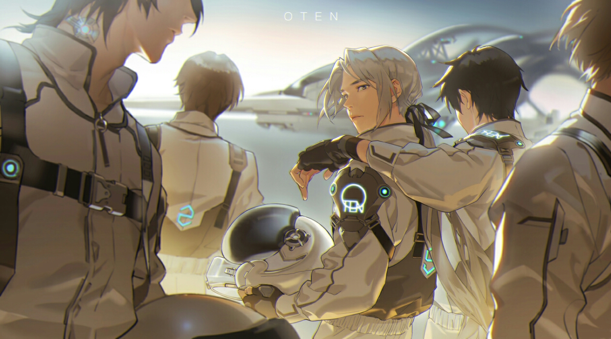 Safebooru - 5boys aircraft artist name black gloves black hair blue eyes brown hair earrings ...