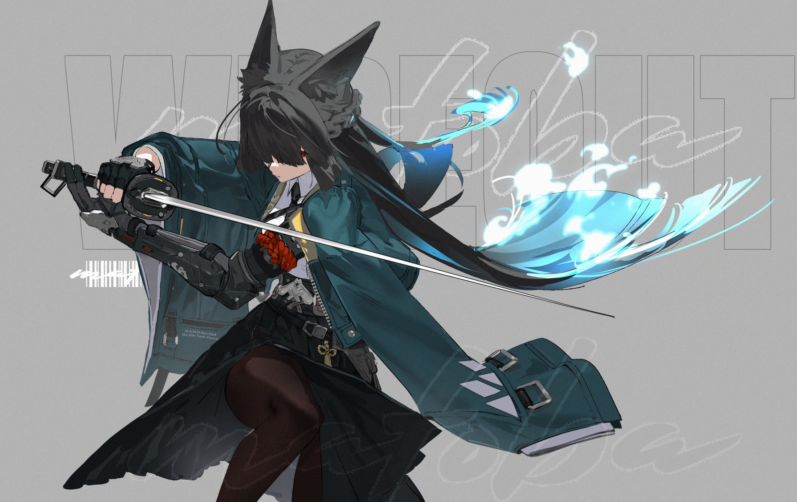 Safebooru - 1girl animal ears aqua jacket black gloves black hair black necktie black pantyhose ...