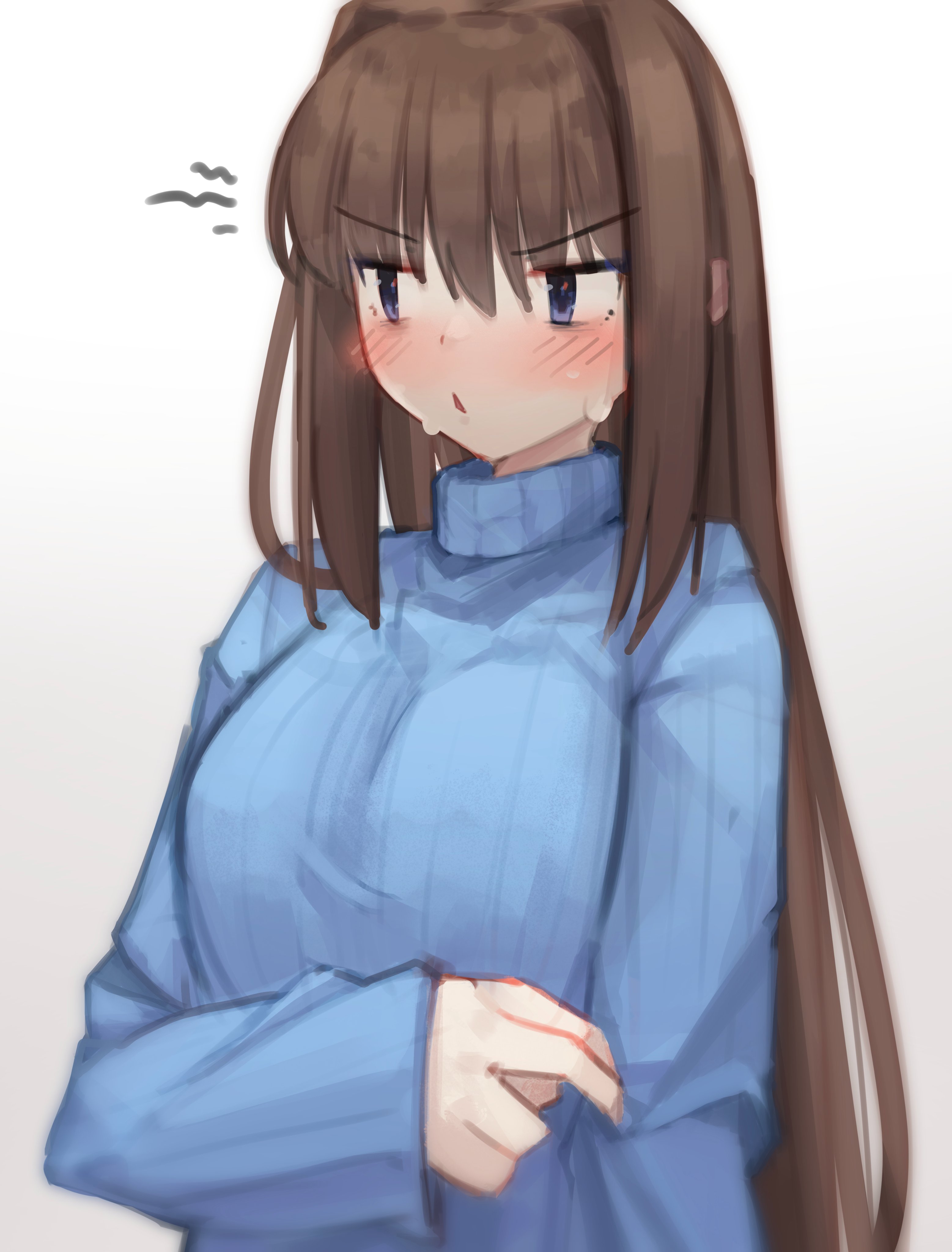 Safebooru - 1girl absurdres aozaki aoko blue eyes blue sweater blush brown hair deko morii ...