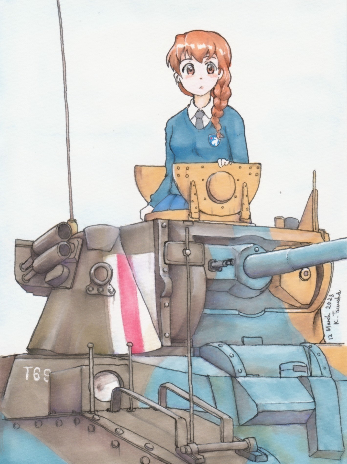 Safebooru - 1girl artist name black necktie blue skirt blue sweater ...