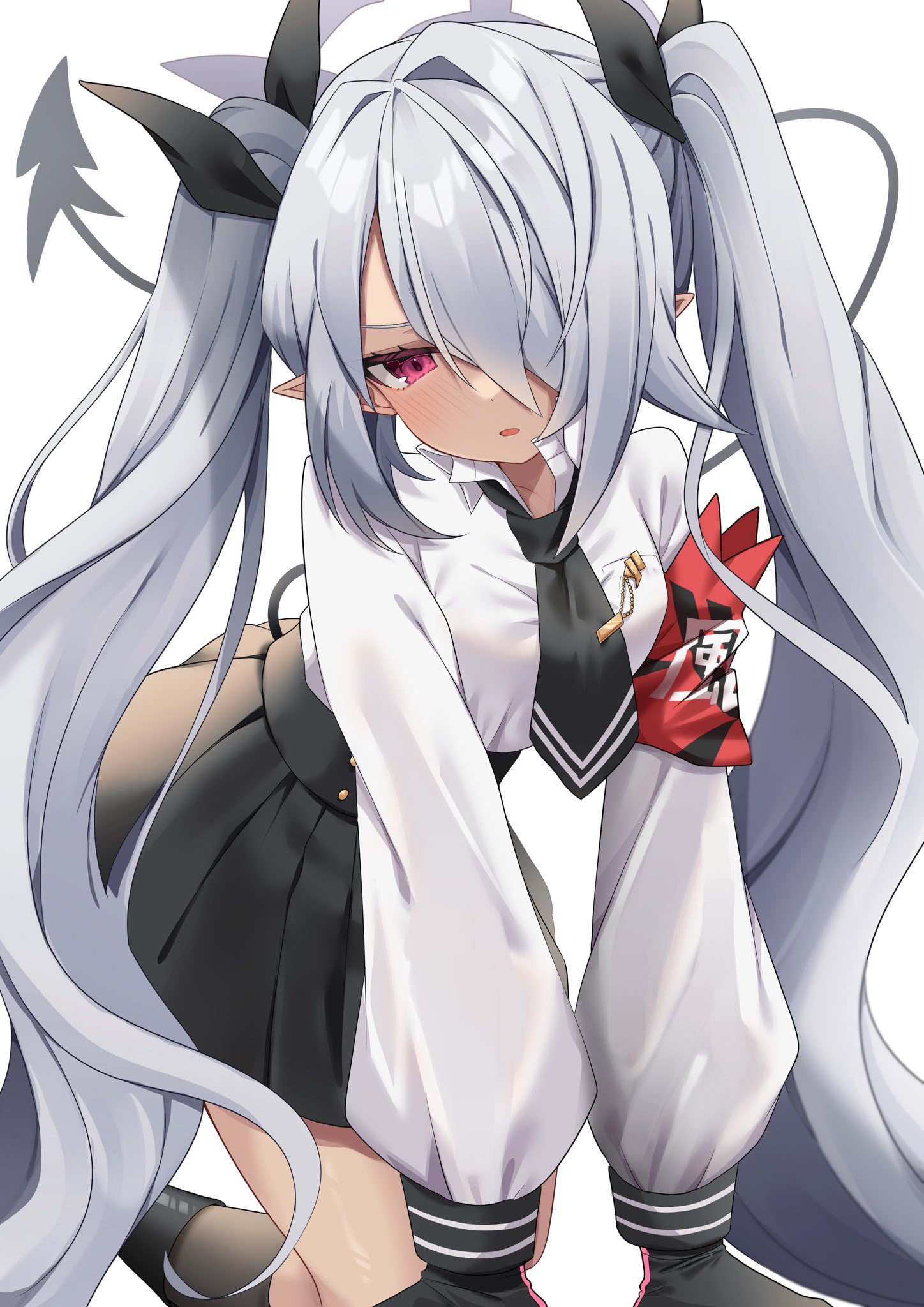 Safebooru - 1girl armband asymmetrical bangs bangs black footwear black gloves black necktie ...