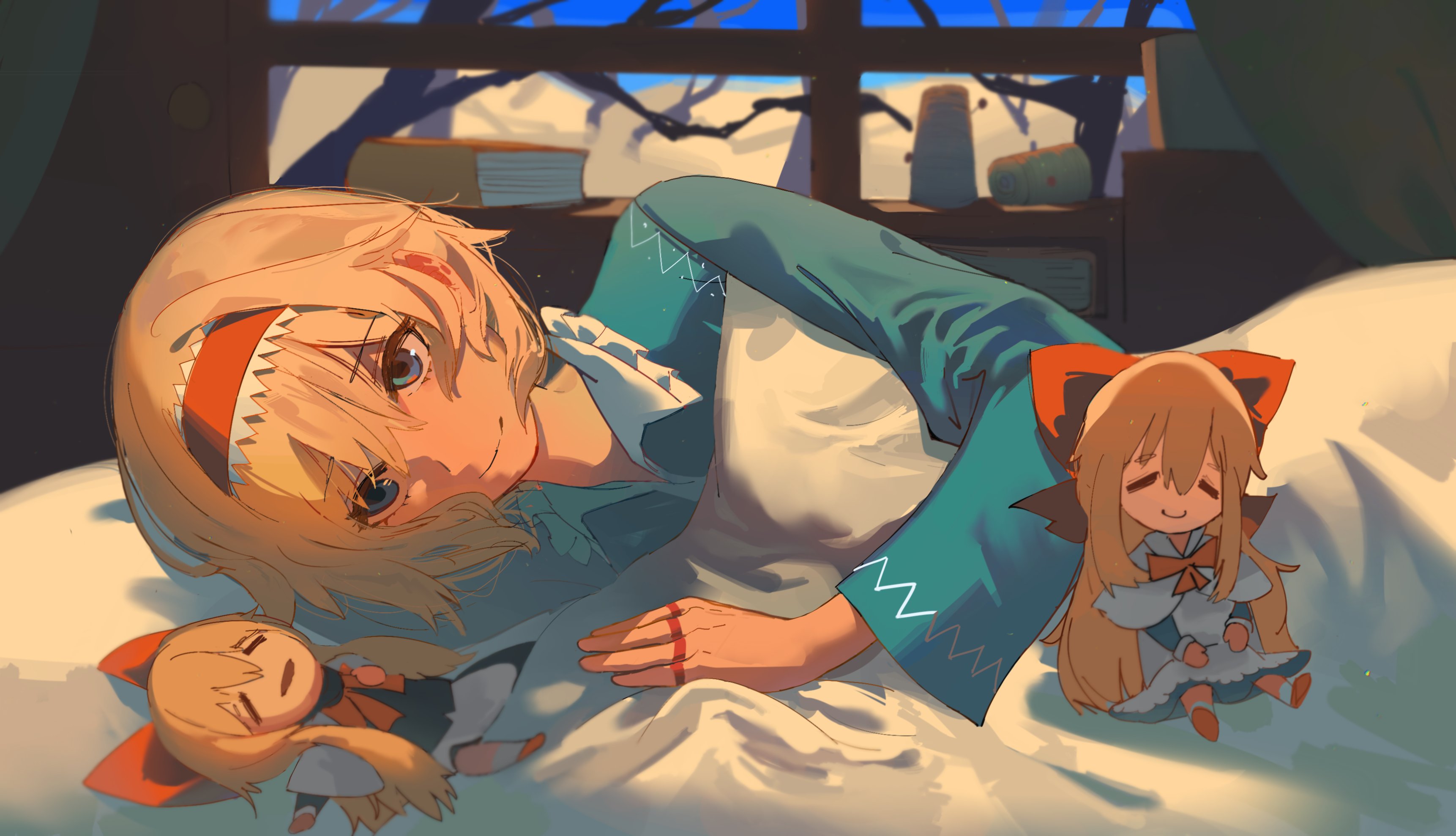 Safebooru - 1girl absurdres alice margatroid bangs bed blonde hair blue eyes blue shirt book bow ...