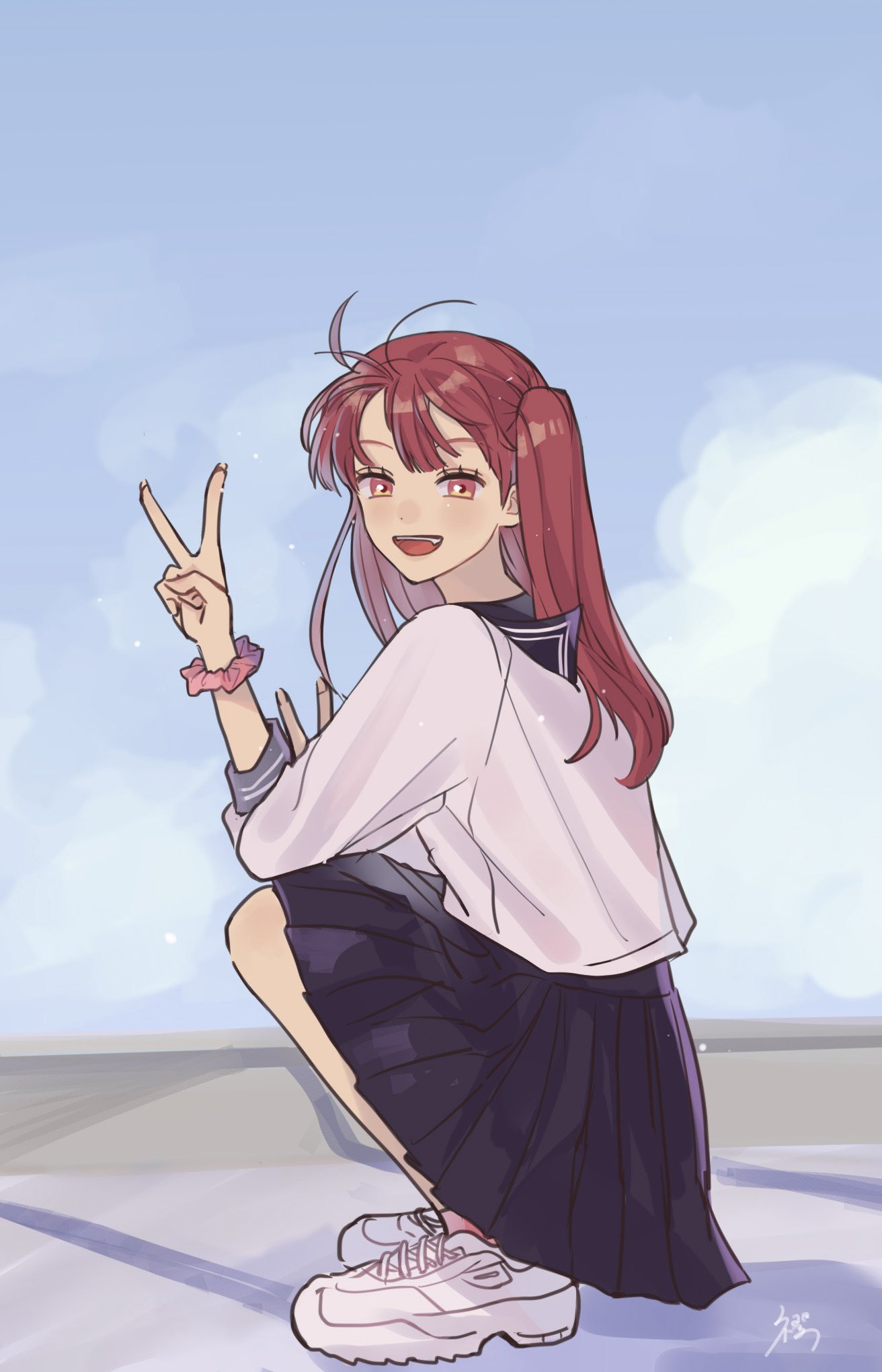 Safebooru - 1girl :d black skirt blue background erinan full body hand up highres looking at ...