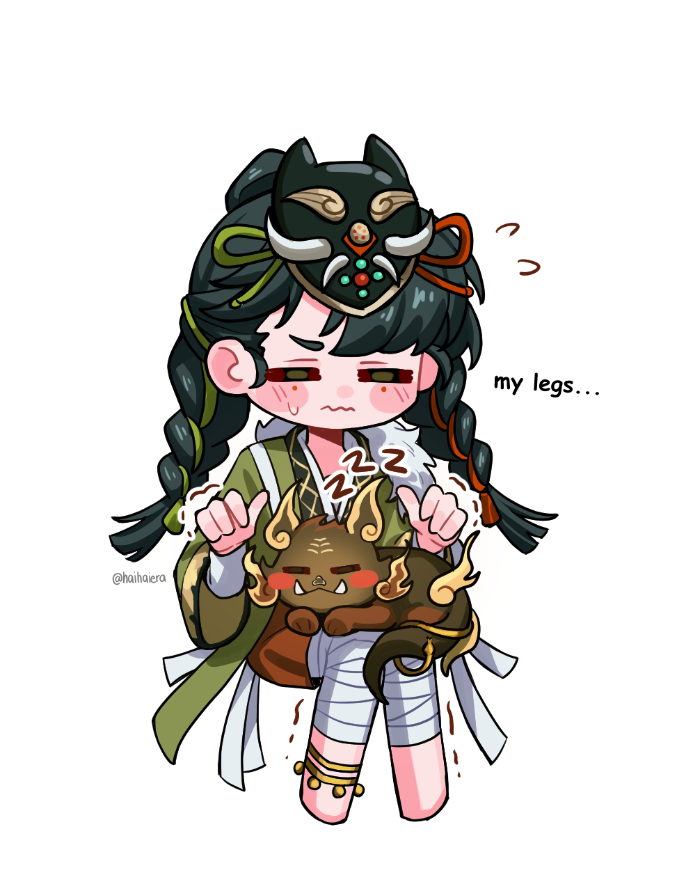 Safebooru - 1girl = = ankle bell bandaged leg bandages barefoot black hair braid chibi chinese ...