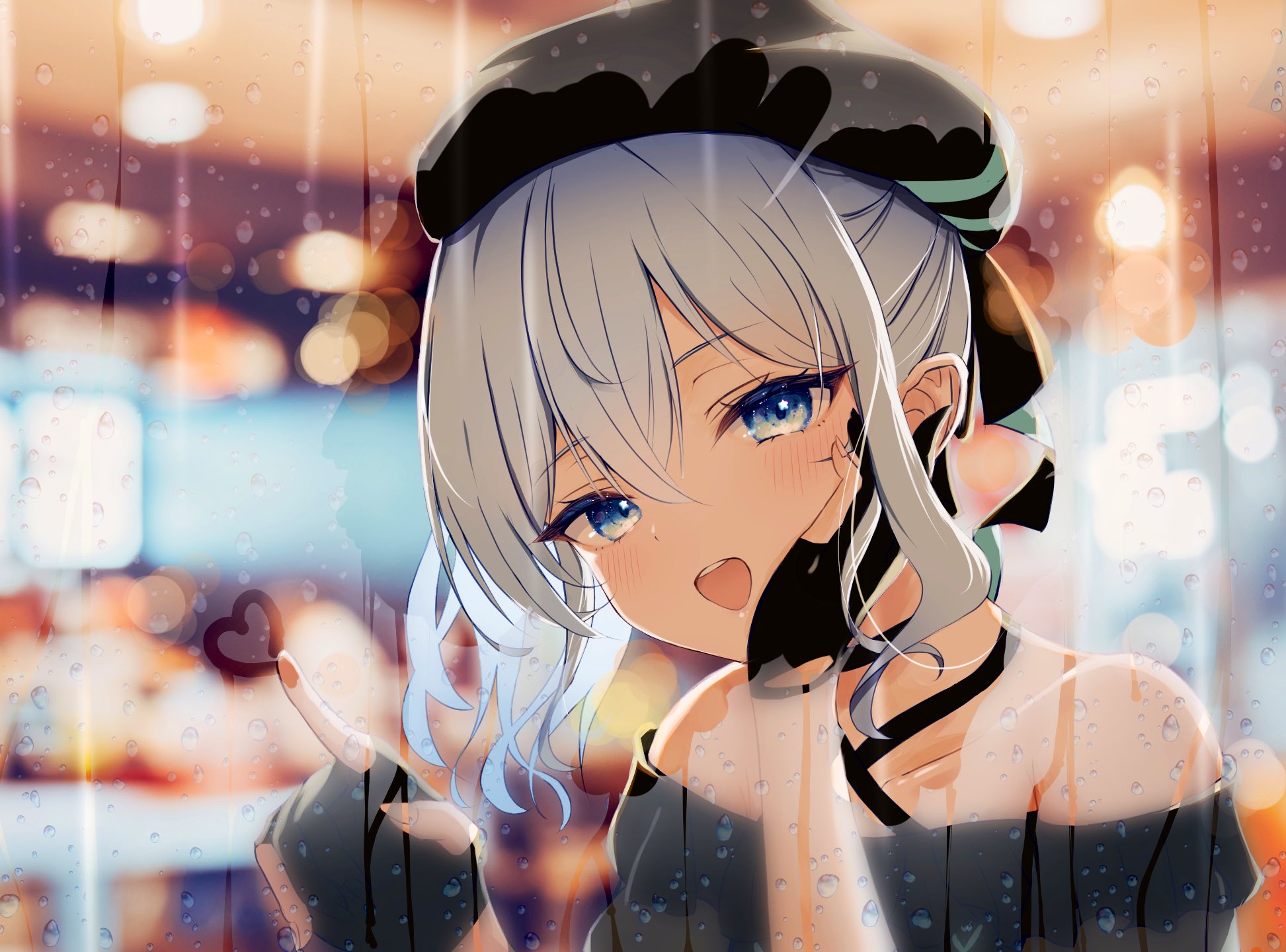 Safebooru - 1girl aqua ribbon beret black headwear blue eyes blue hair blurry blurry background ...