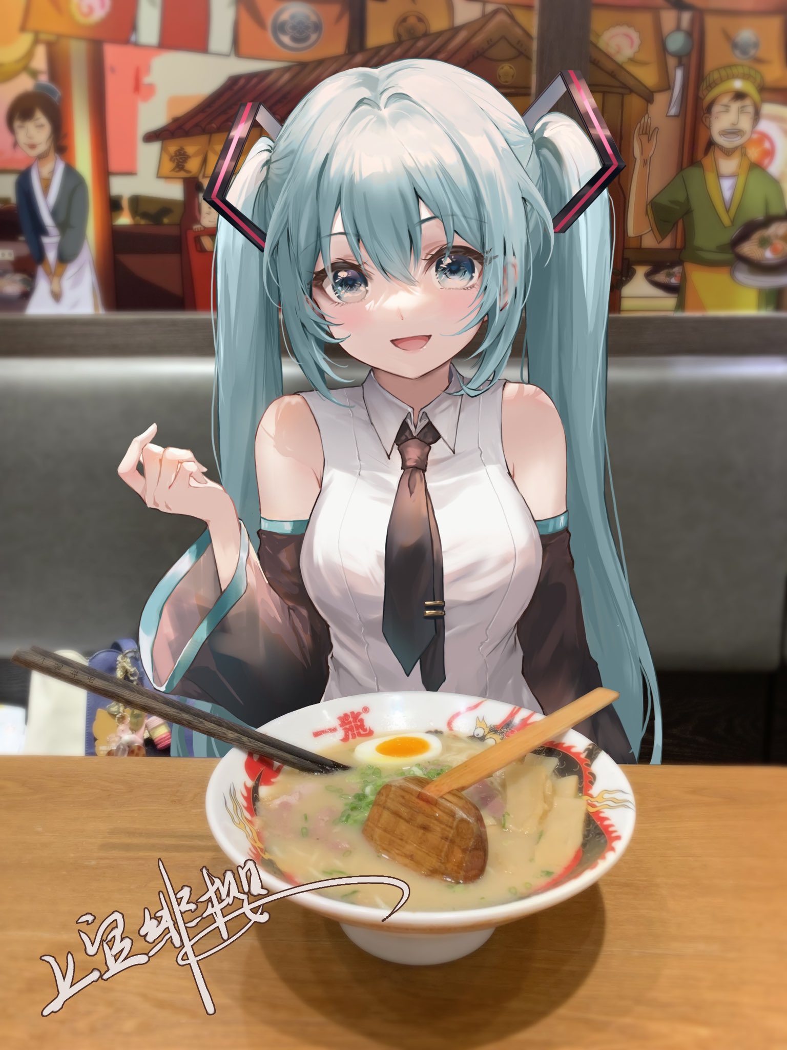 Safebooru - 1girl aqua eyes aqua hair black necktie black sleeves detached sleeves food hair ...