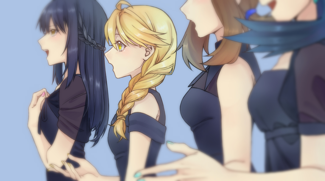 Safebooru - 4girls :d ahoge ayan ip bare arms black hair blonde hair blurry blurry foreground ...