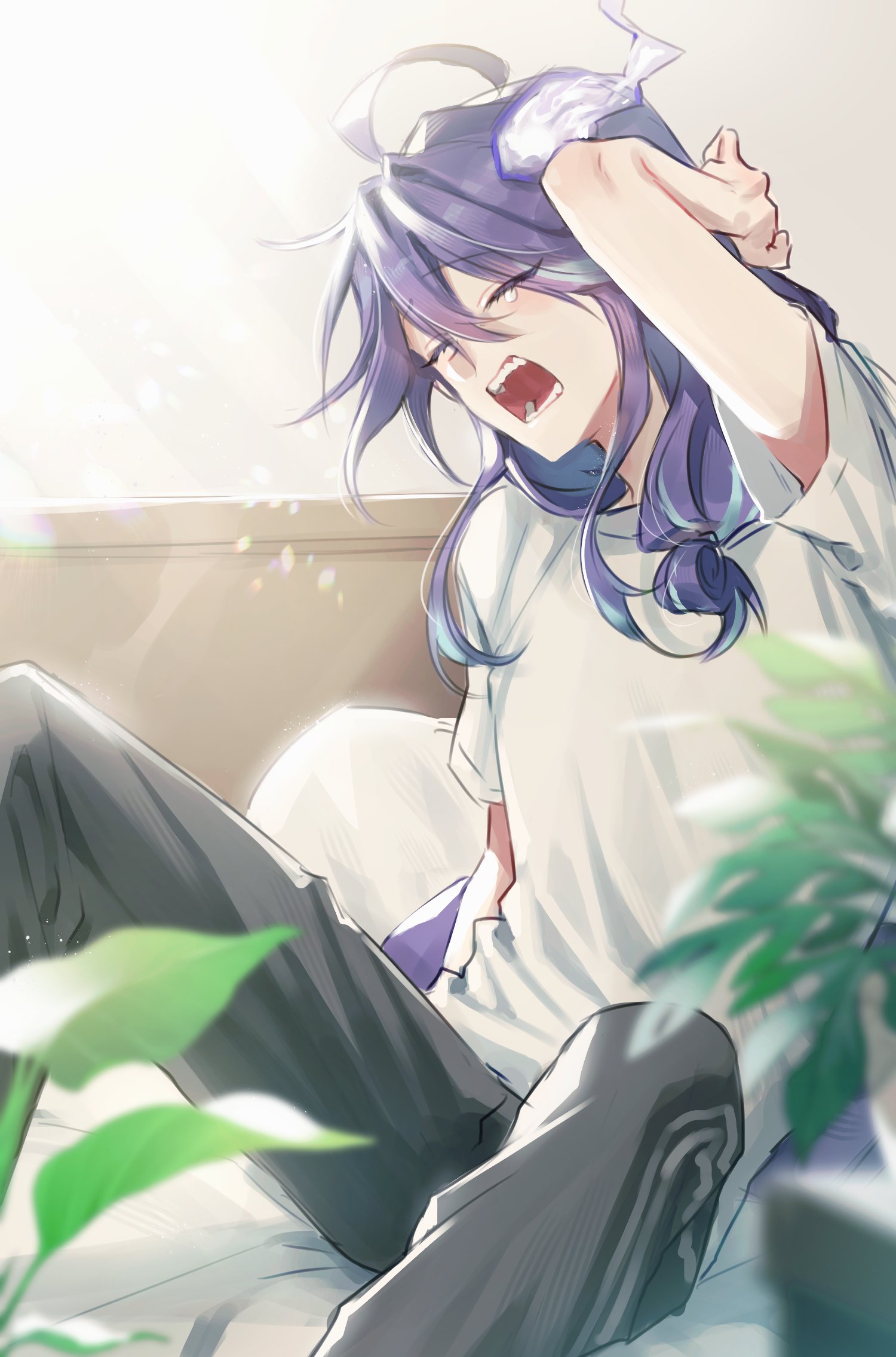 Safebooru - 1boy ahoge alternate costume antenna hair black pants blue hair blurry closed eyes ...