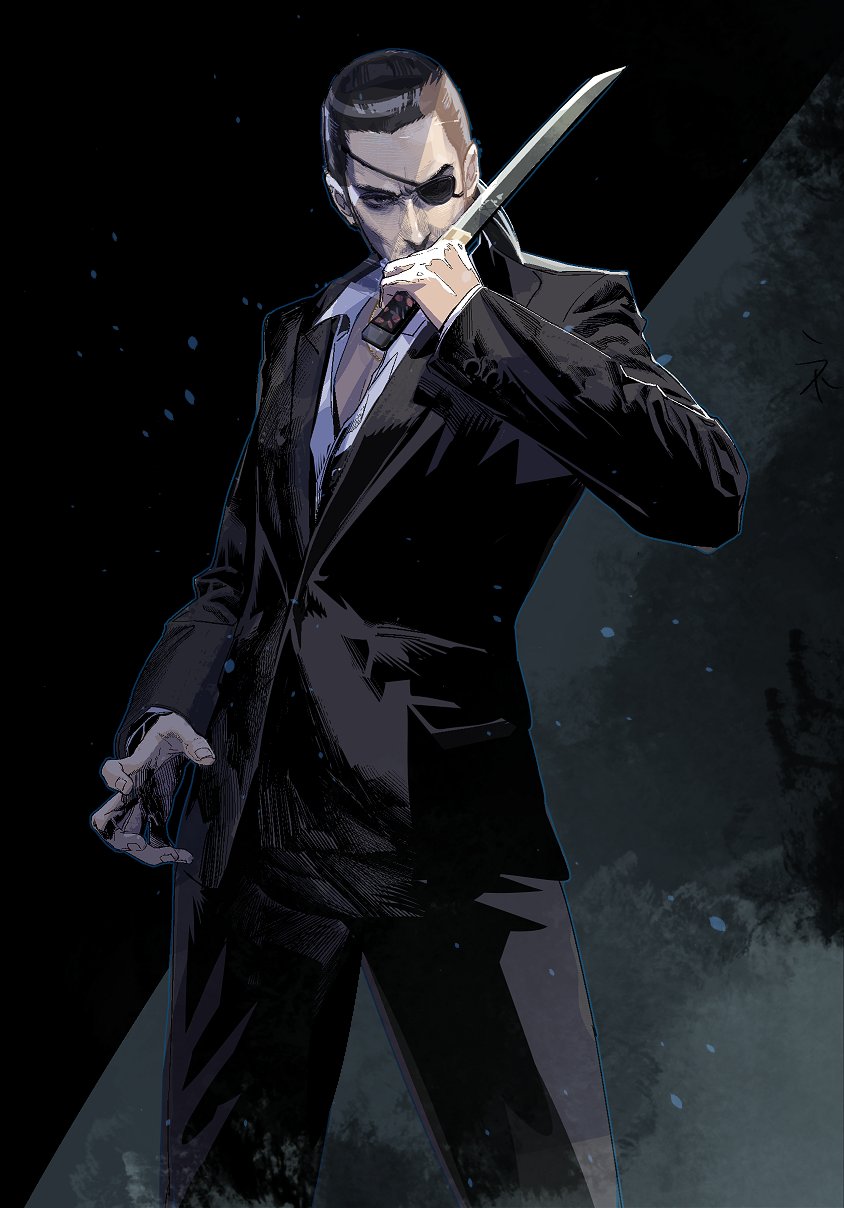 Safebooru - 1boy black background black hair black pants black suit ...