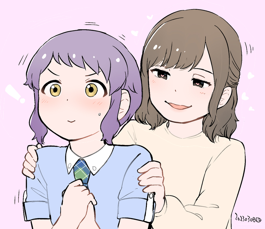 Safebooru - ! 2girls :> abe rika blue shirt blush brown eyes brown hair checkered necktie ...