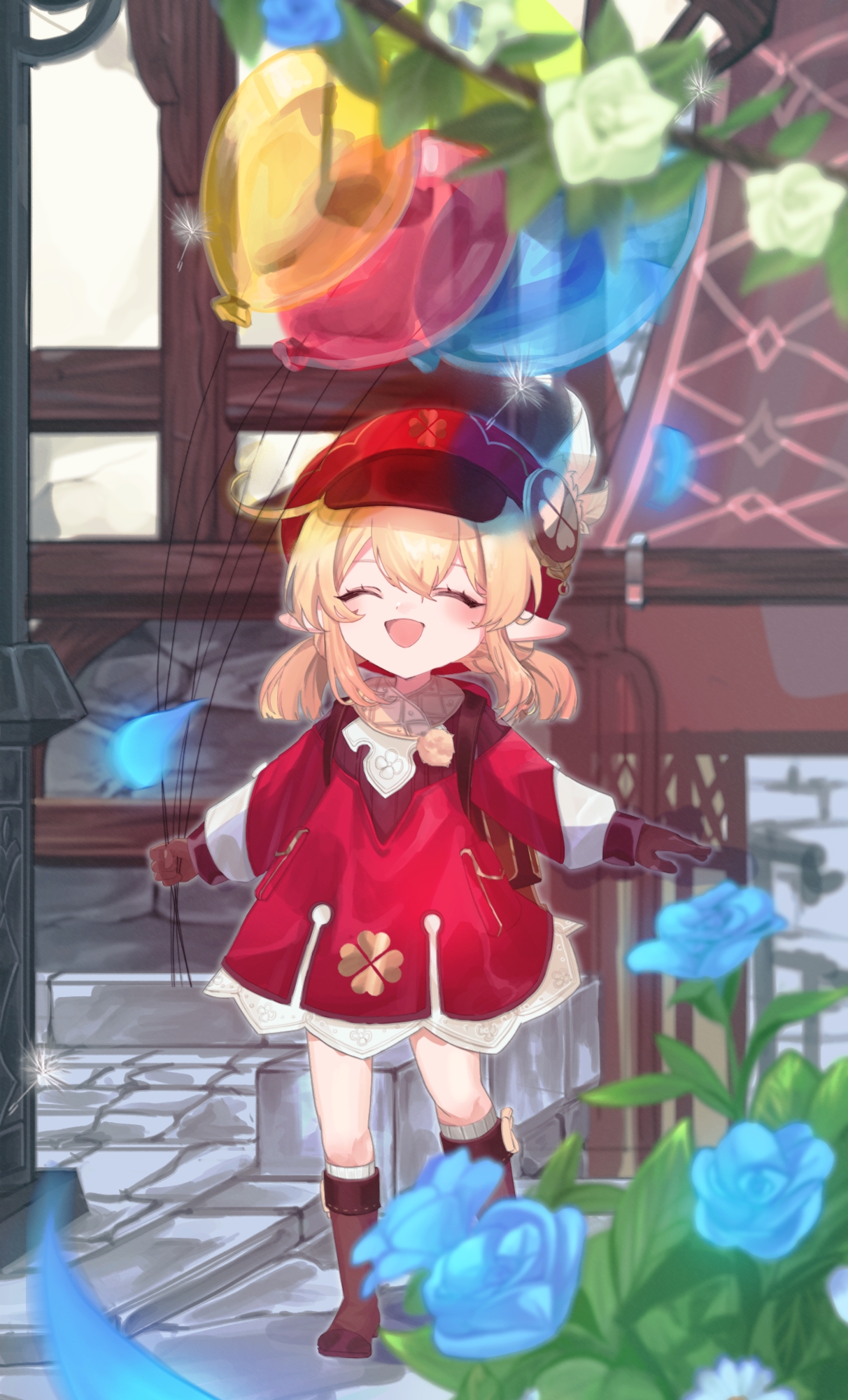 Safebooru - 1girl :d ^ ^ ahoge backpack bag balloon bloomers blurry boots brown footwear brown ...