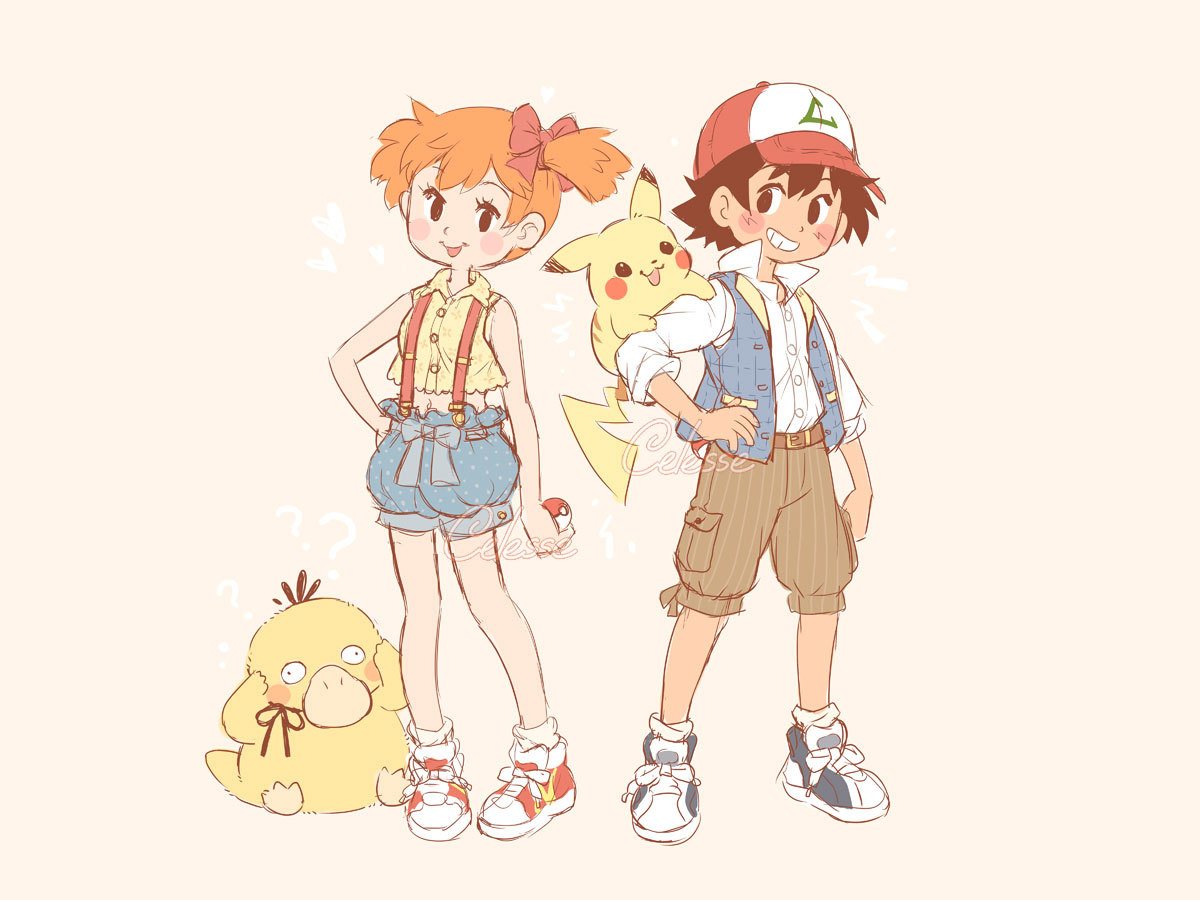 Safebooru - 1boy 1girl 2others ankle socks ash ketchum baseball cap ...