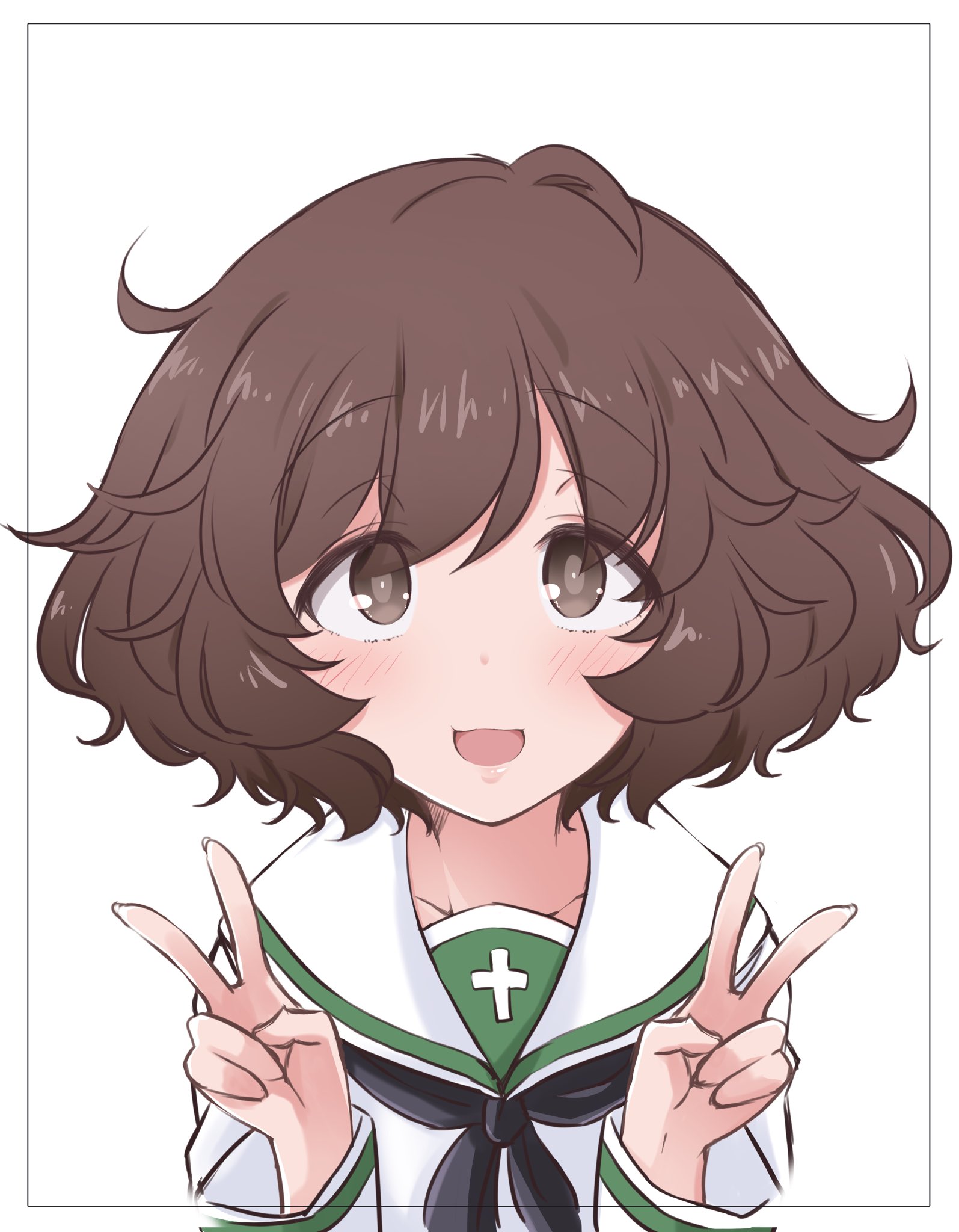 Safebooru - 1girl akiyama yukari black ribbon brown eyes brown hair girls und panzer hands up ...