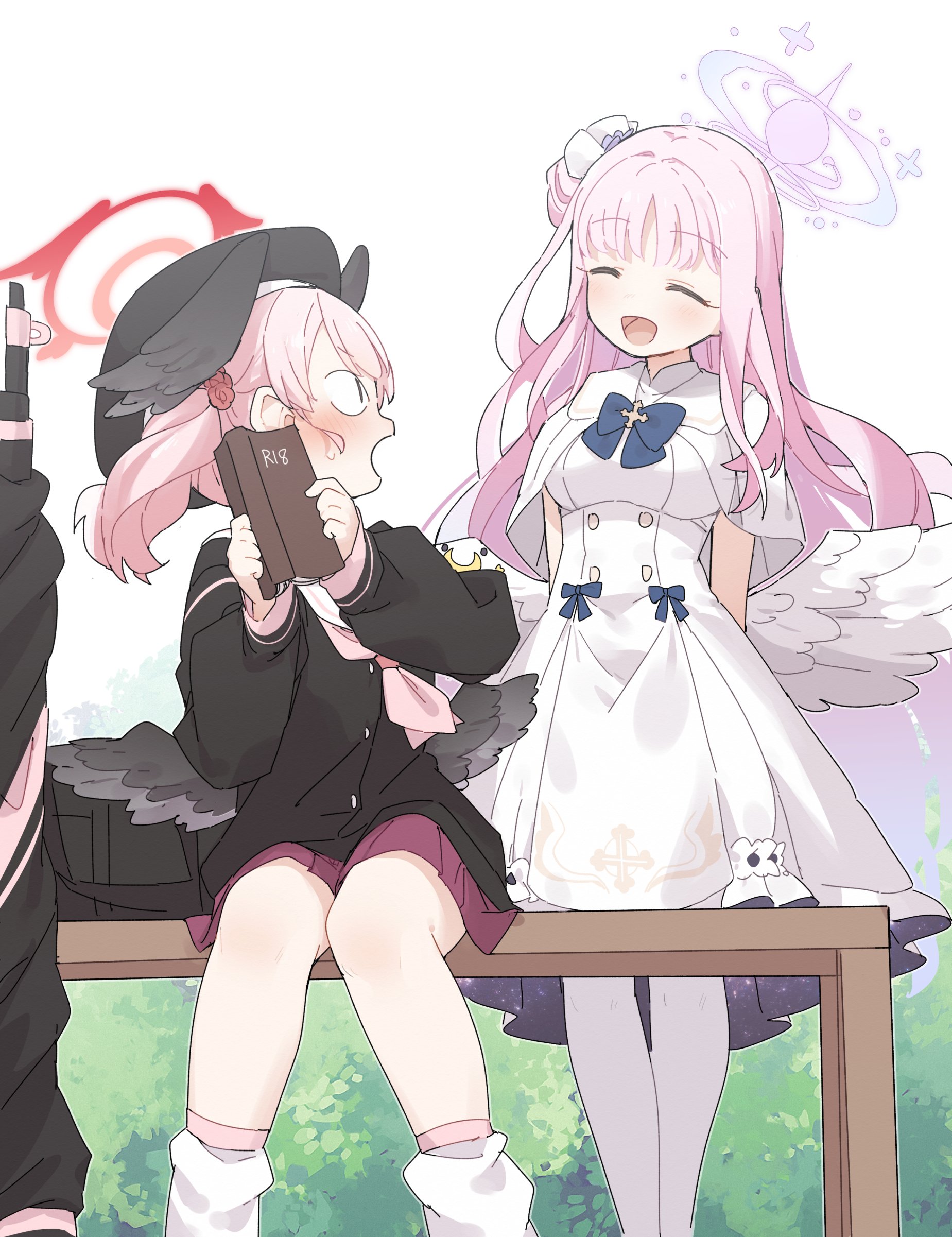 Safebooru - 2girls :d ^ ^ absurdres arms behind back beret black headwear black shirt black ...