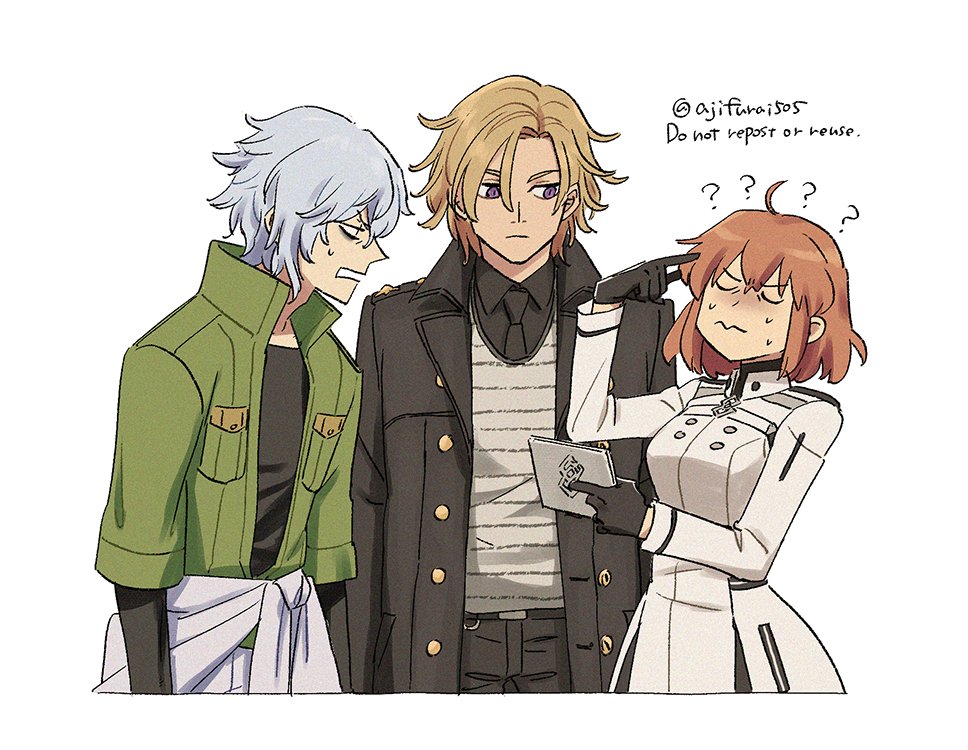 Safebooru - 1girl 2boys ? arm up asaya minoru black gloves black jacket black necktie black ...