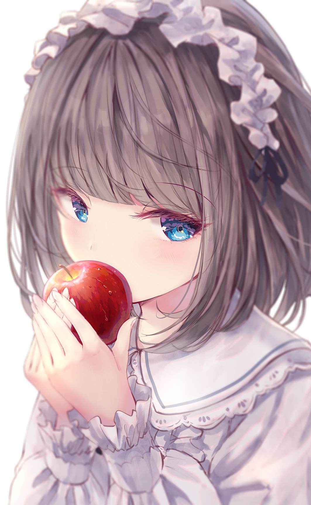 Safebooru - apple blue eyes blunt bangs blurry blurry foreground blush brown hair close-up ...