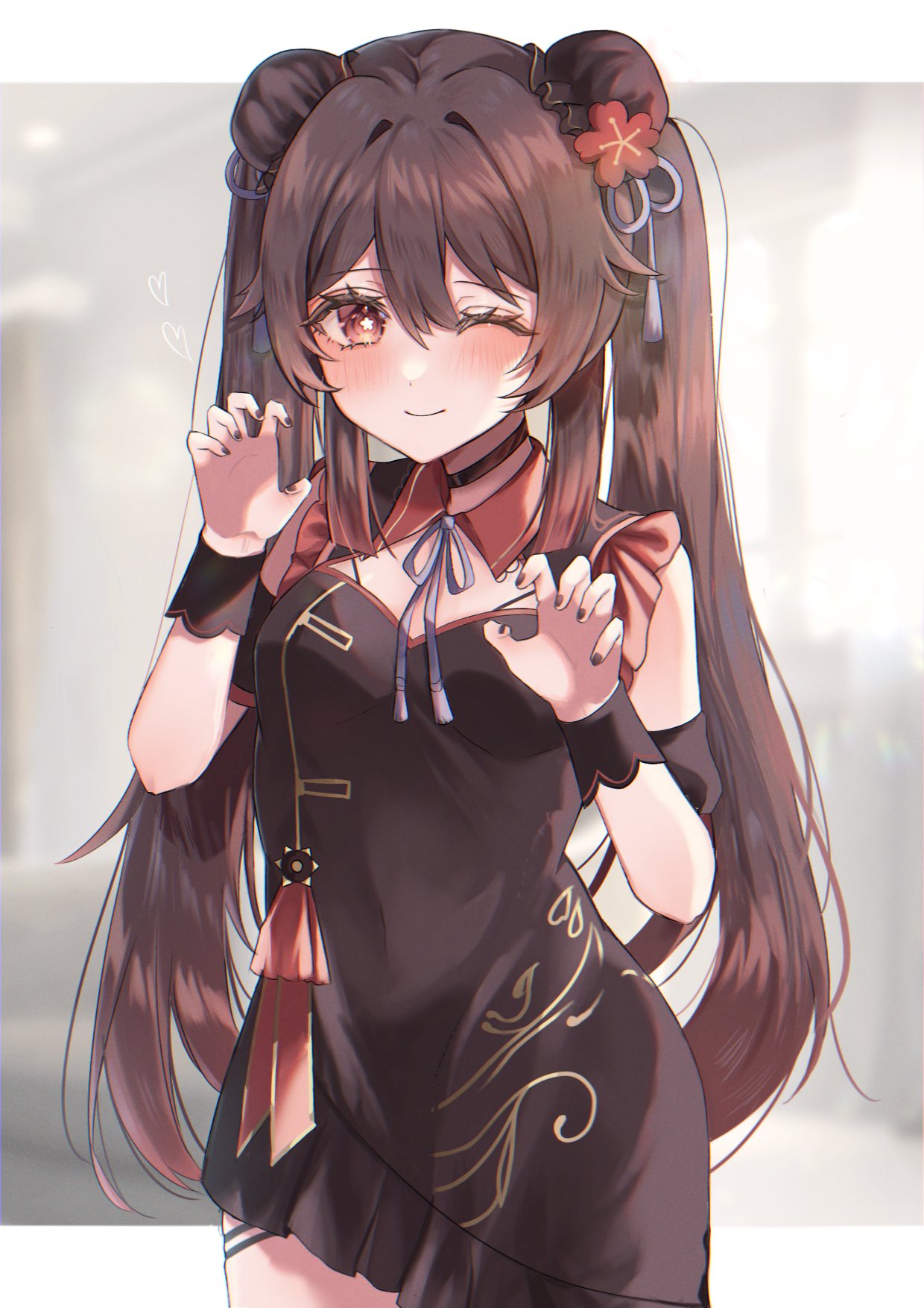Safebooru - alternate costume black nails breasts brown hair china dress chinese clothes choker ...