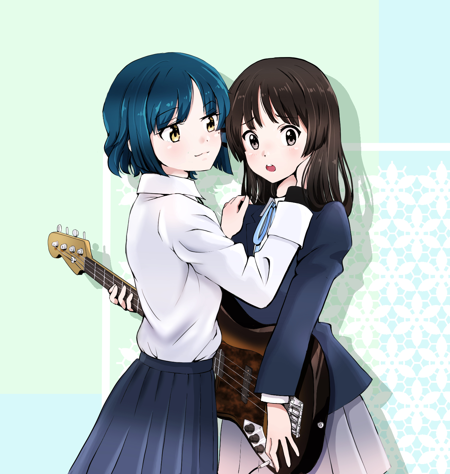 Safebooru - 2girls akiyama mio bass guitar black eyes black hair blazer ...