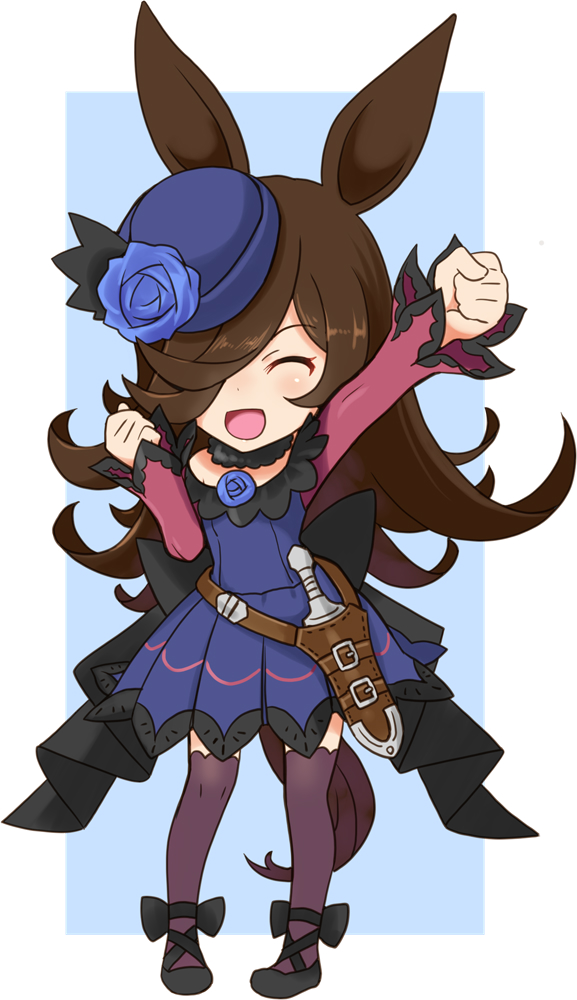 Safebooru - 1girl :d animal ears belt black footwear black hair black thighhighs blue dress blue ...