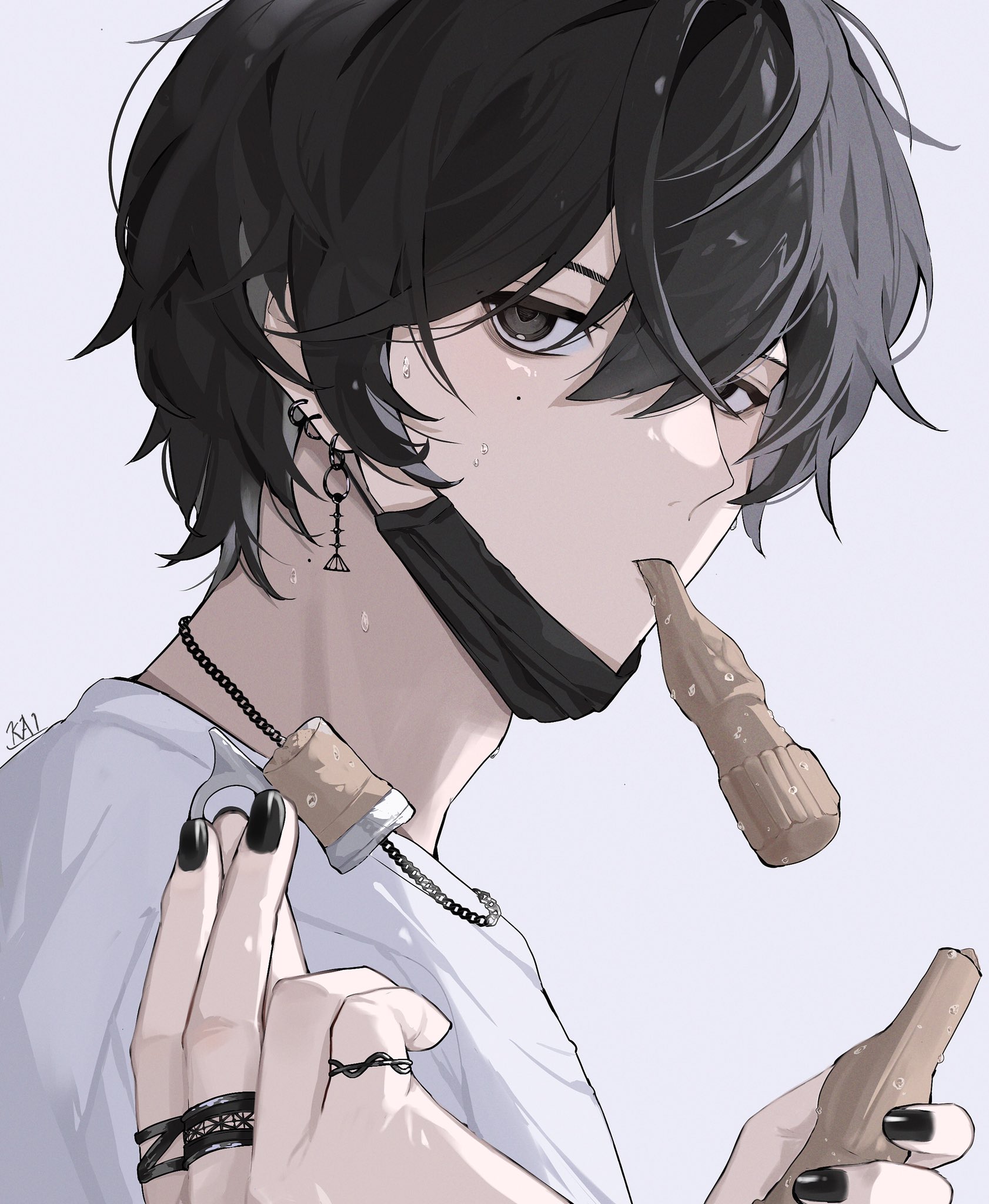 Safebooru - 1boy bishounen black eyes black hair black mask earrings hands up highres jewelry ...