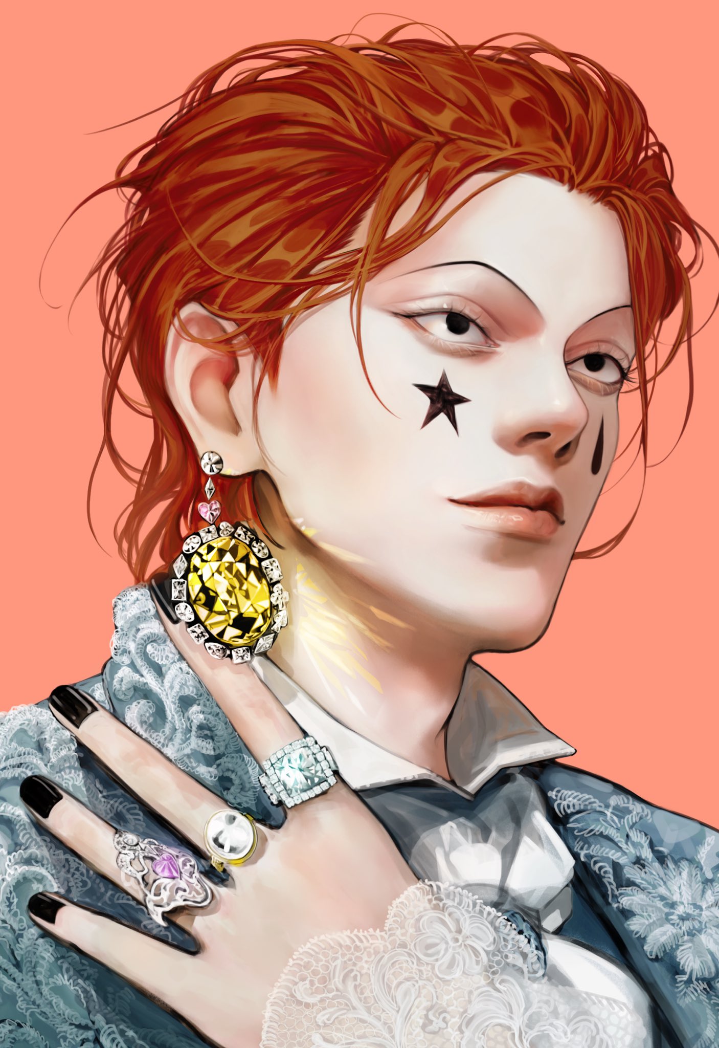 Safebooru - 1boy black nails blue dress dress earrings facepaint facial ...