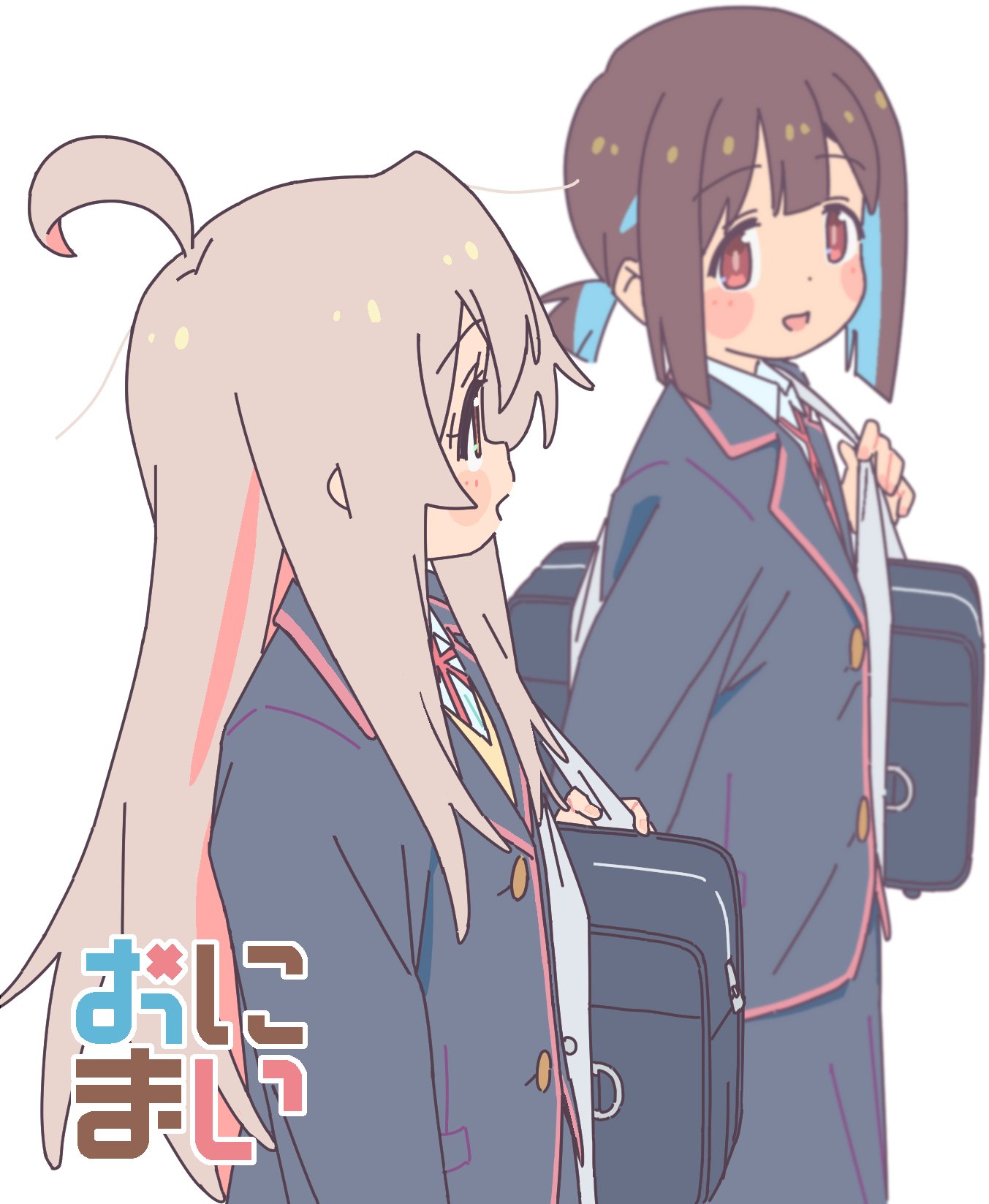 Safebooru - 2girls :d ahoge bag black jacket blue hair blunt bangs blush stickers brown eyes ...