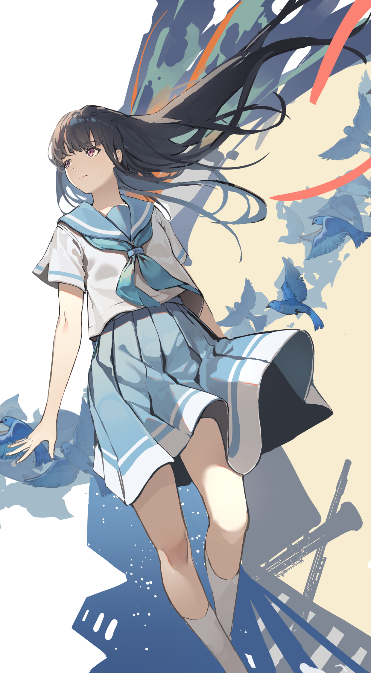 Safebooru - 1girl bird black hair blue bird blue hair blue neckerchief blue sailor collar blue ...