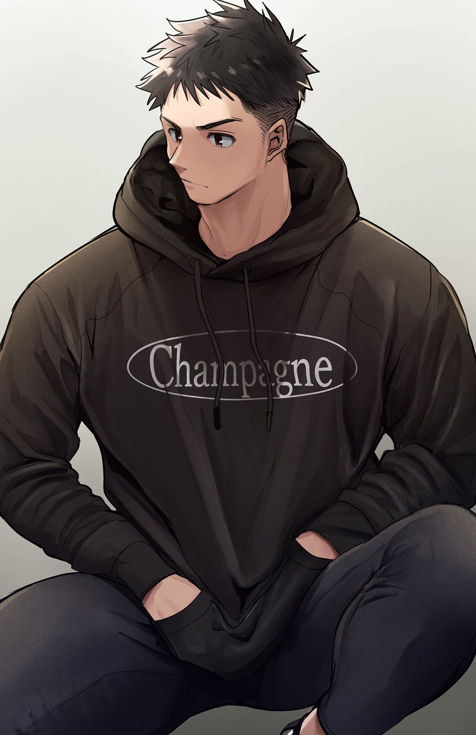 Safebooru - 1boy black eyes black hair black hoodie closed mouth gradient background hands in ...