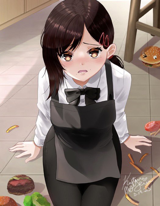 Safebooru - 1girl ;) apron artist name black hair black pants blush bow bowtie burger chainsaw ...