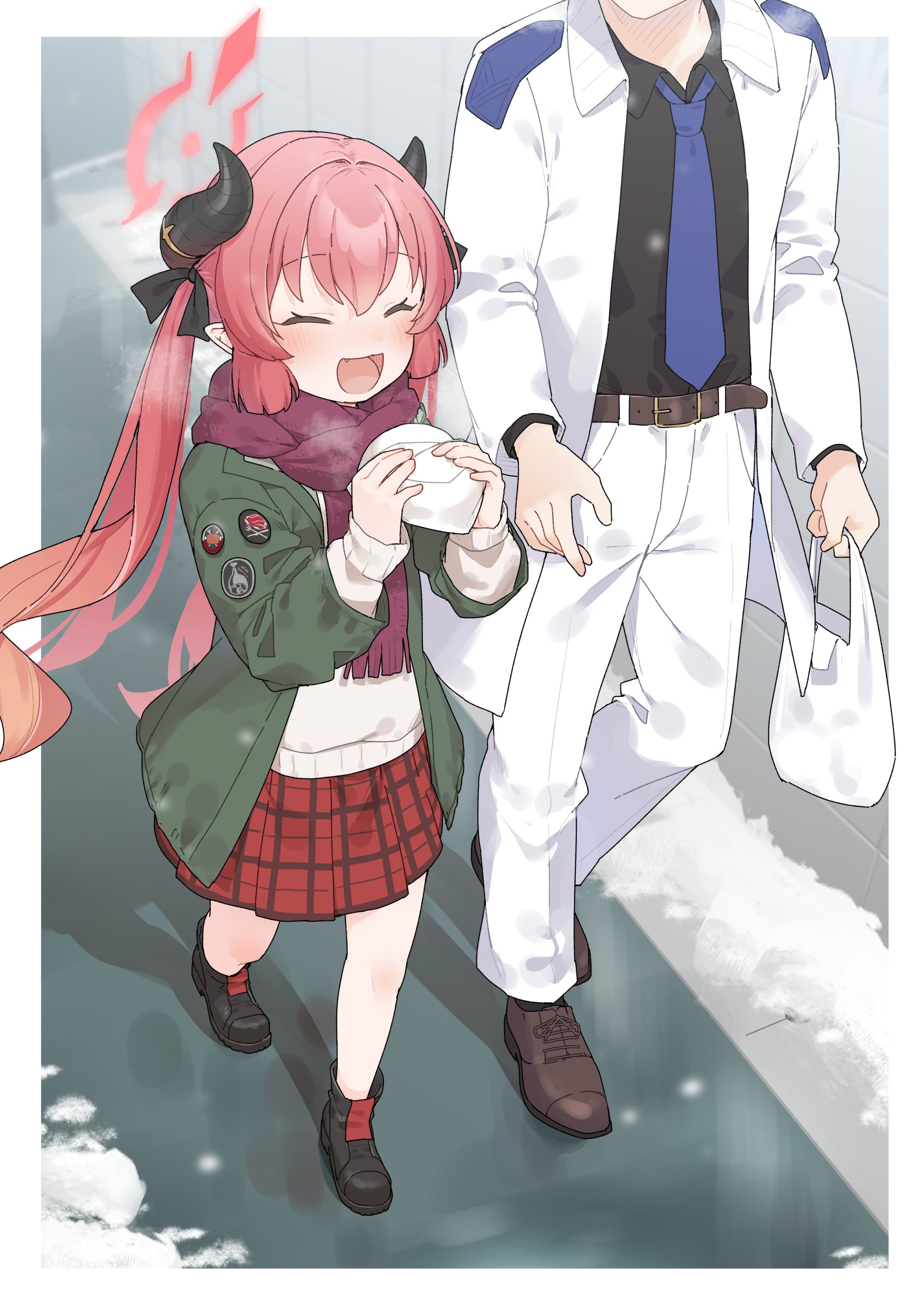 Safebooru - 1boy 1girl :d ^ ^ absurdres bag baozi belt belt buckle black footwear black shirt ...