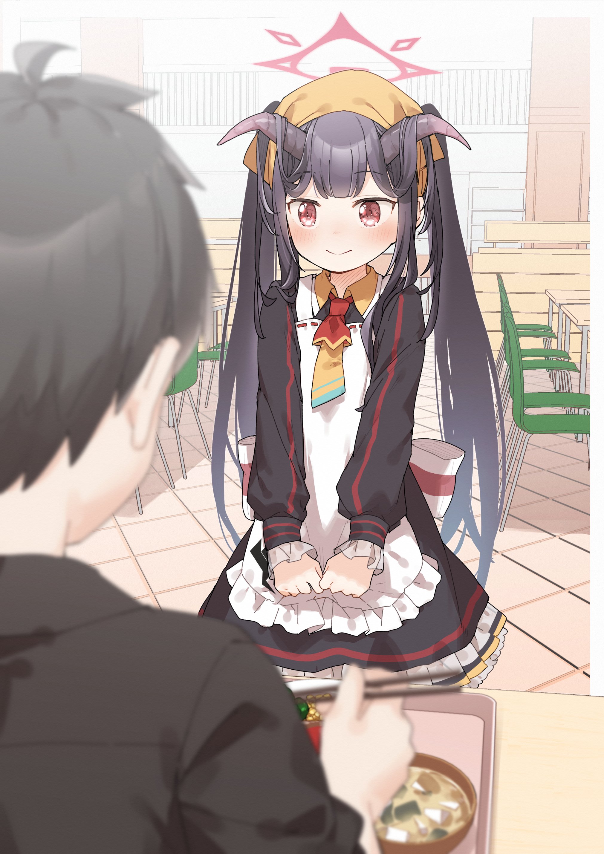 Safebooru - 1boy 1girl absurdres apron black hair black jacket black shirt black skirt blue ...