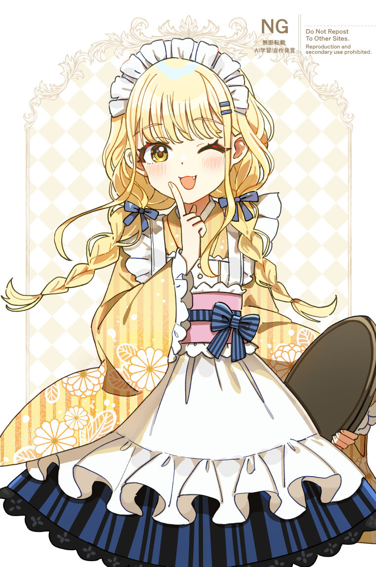Safebooru - 1girl ;d apron argyle background blonde hair blue bow bow braid brown eyes ...