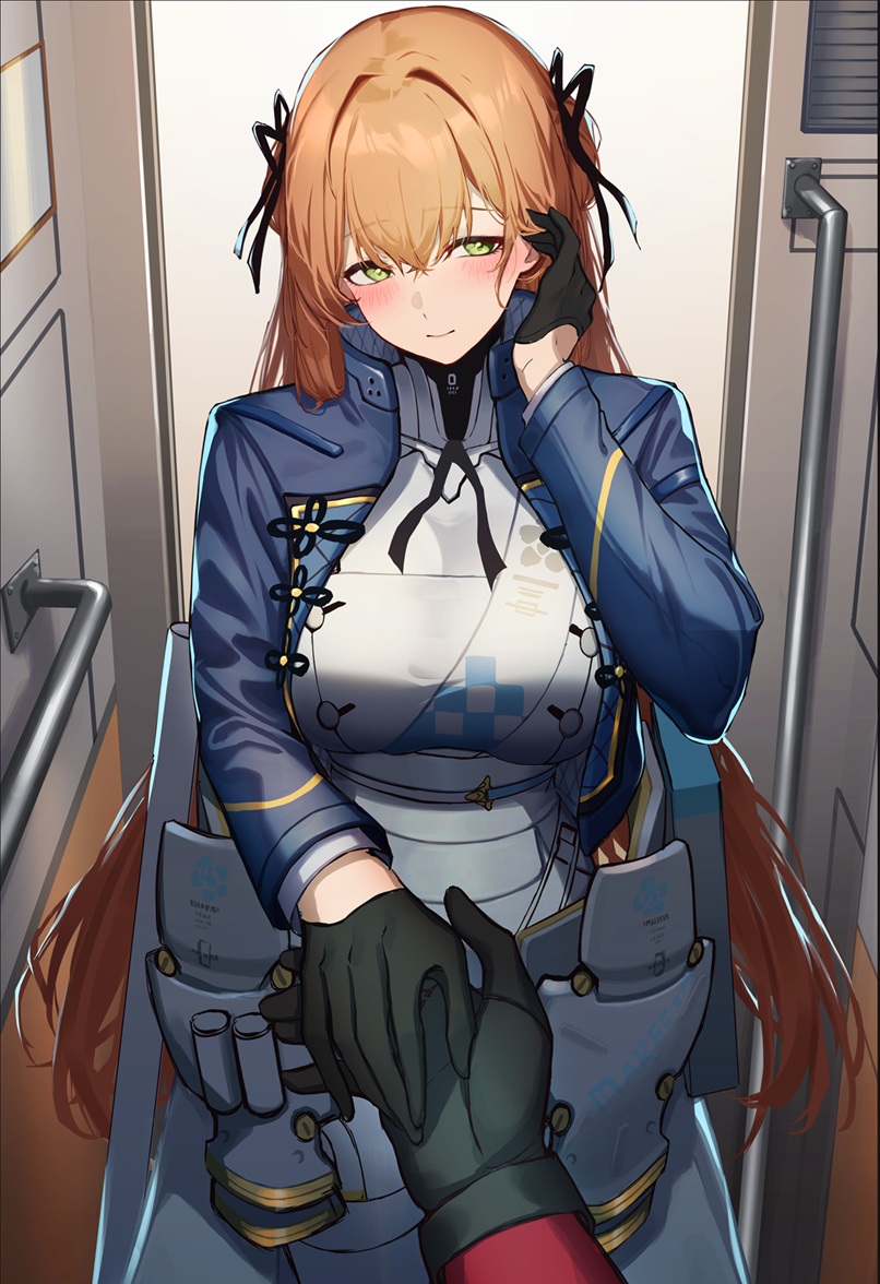 Safebooru - 1girl 1other 3 small spiders adjusting hair armor black gloves black ribbon blue ...