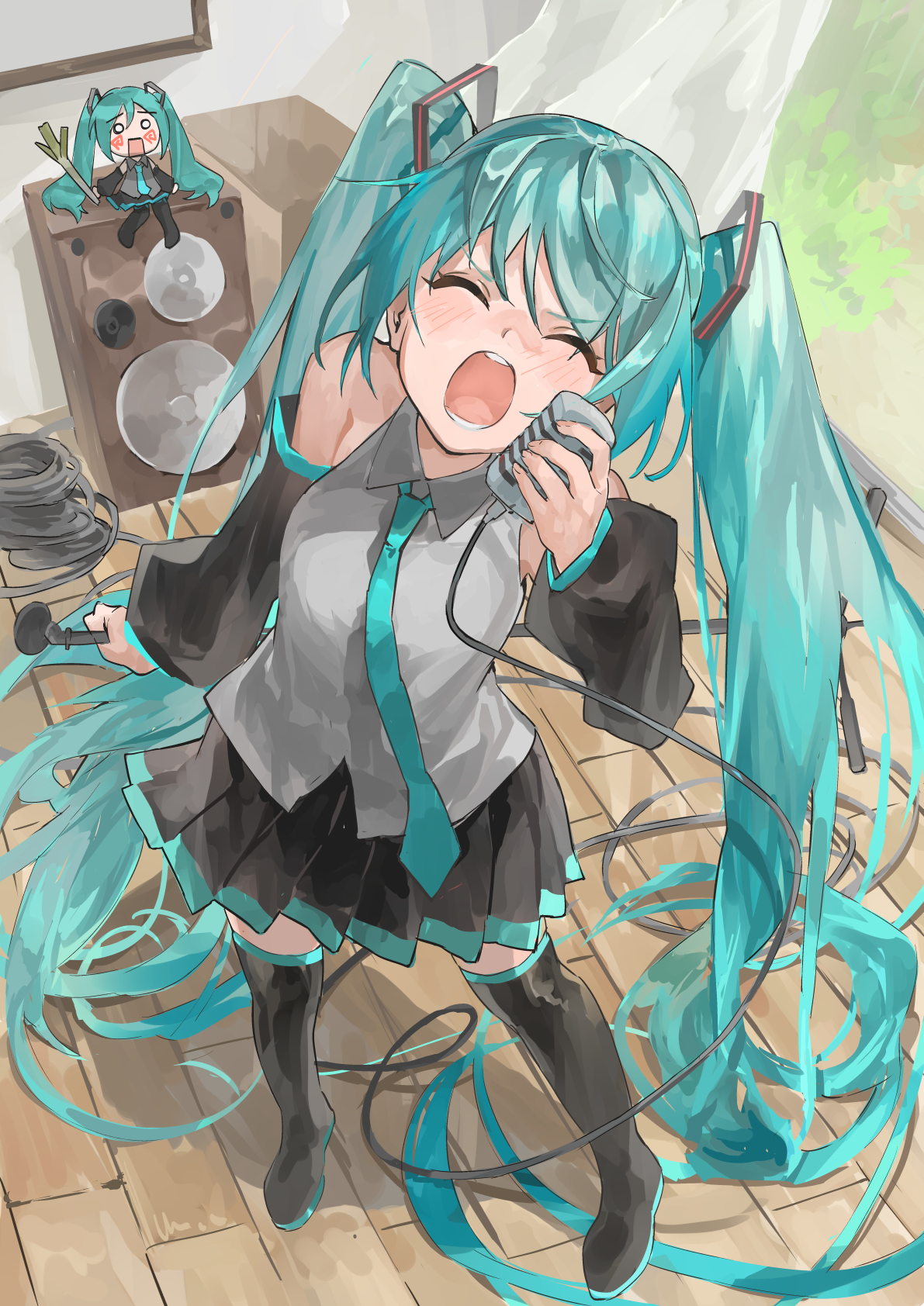 Safebooru - 2girls :o absurdly long hair aqua eyes aqua hair autumn leaves bare shoulders black ...