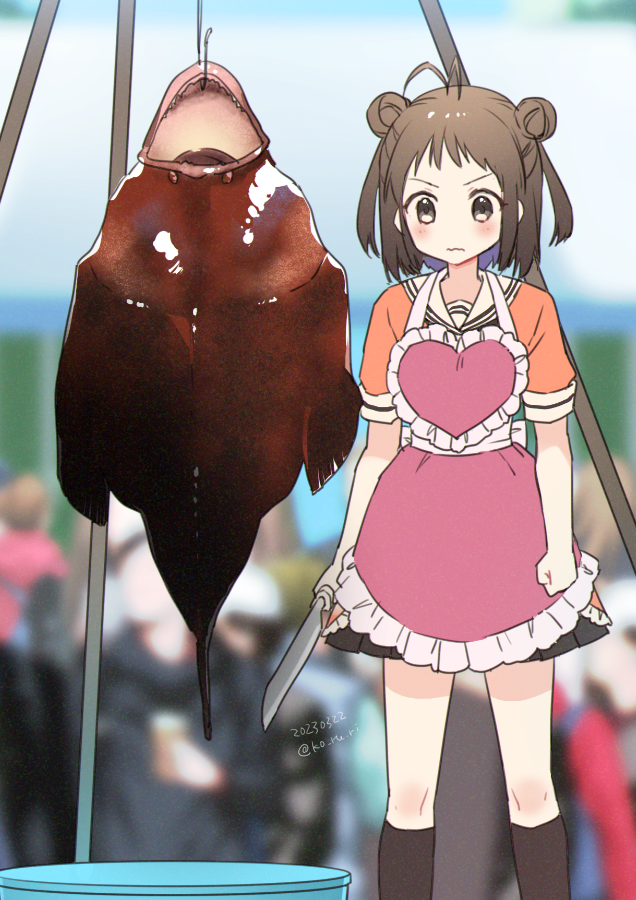 Safebooru - 1girl anglerfish antenna hair apron blurry blurry background blush brown eyes brown ...