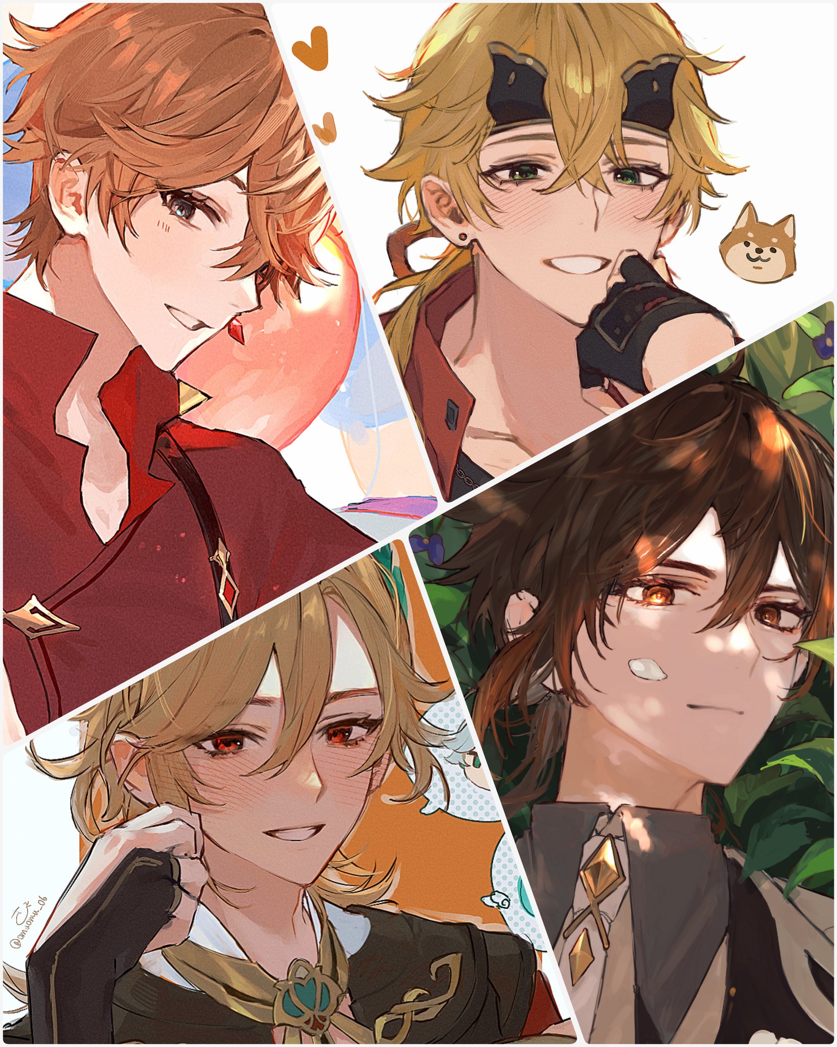 Safebooru - 4boys black gloves blonde hair blush close-up closed mouth earrings genshin impact ...