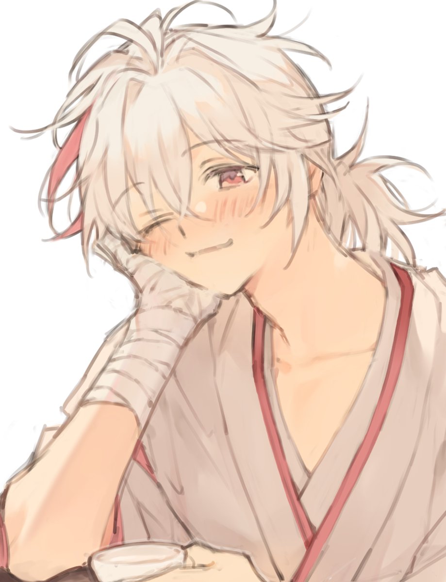 Safebooru - 1boy bandaged arm bandaged hand bandages blush cup genshin impact hair between eyes ...