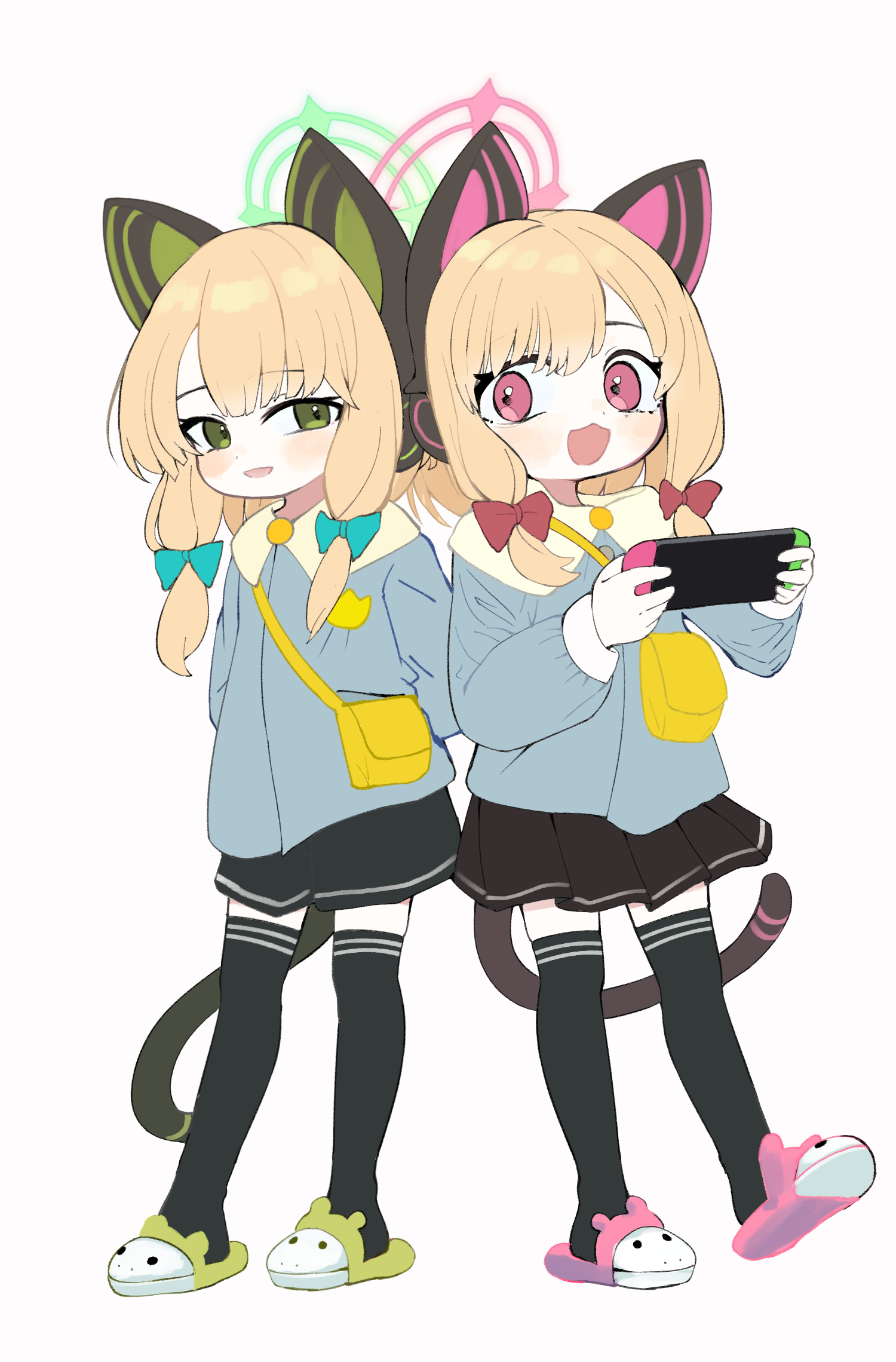 Safebooru - 2girls aged down animal ear headphones animal ears aqua bow bag black thighhighs ...