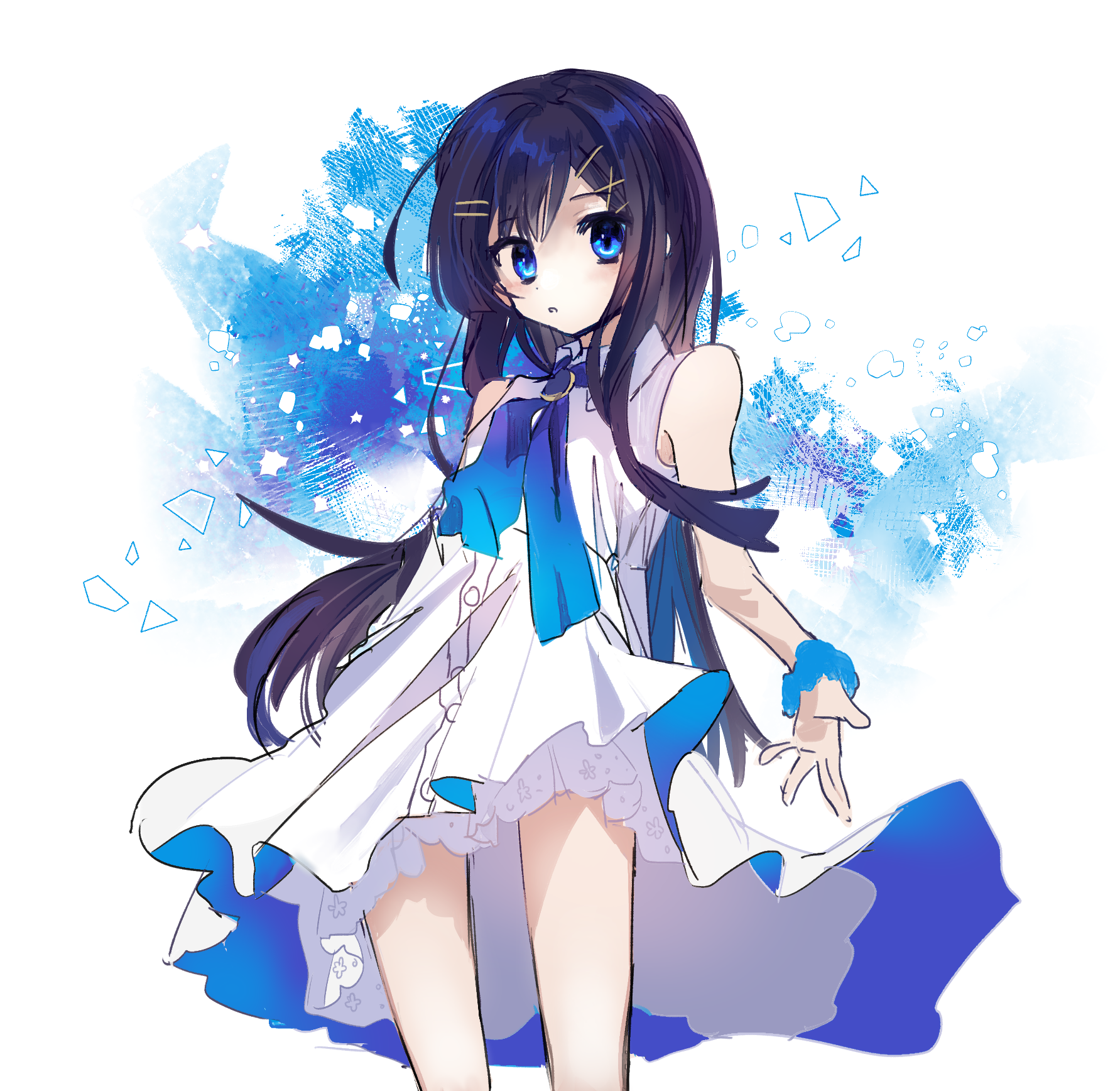 Safebooru - 1girl bare shoulders black hair blue dress blue eyes blue hair blue ribbon brooch ...