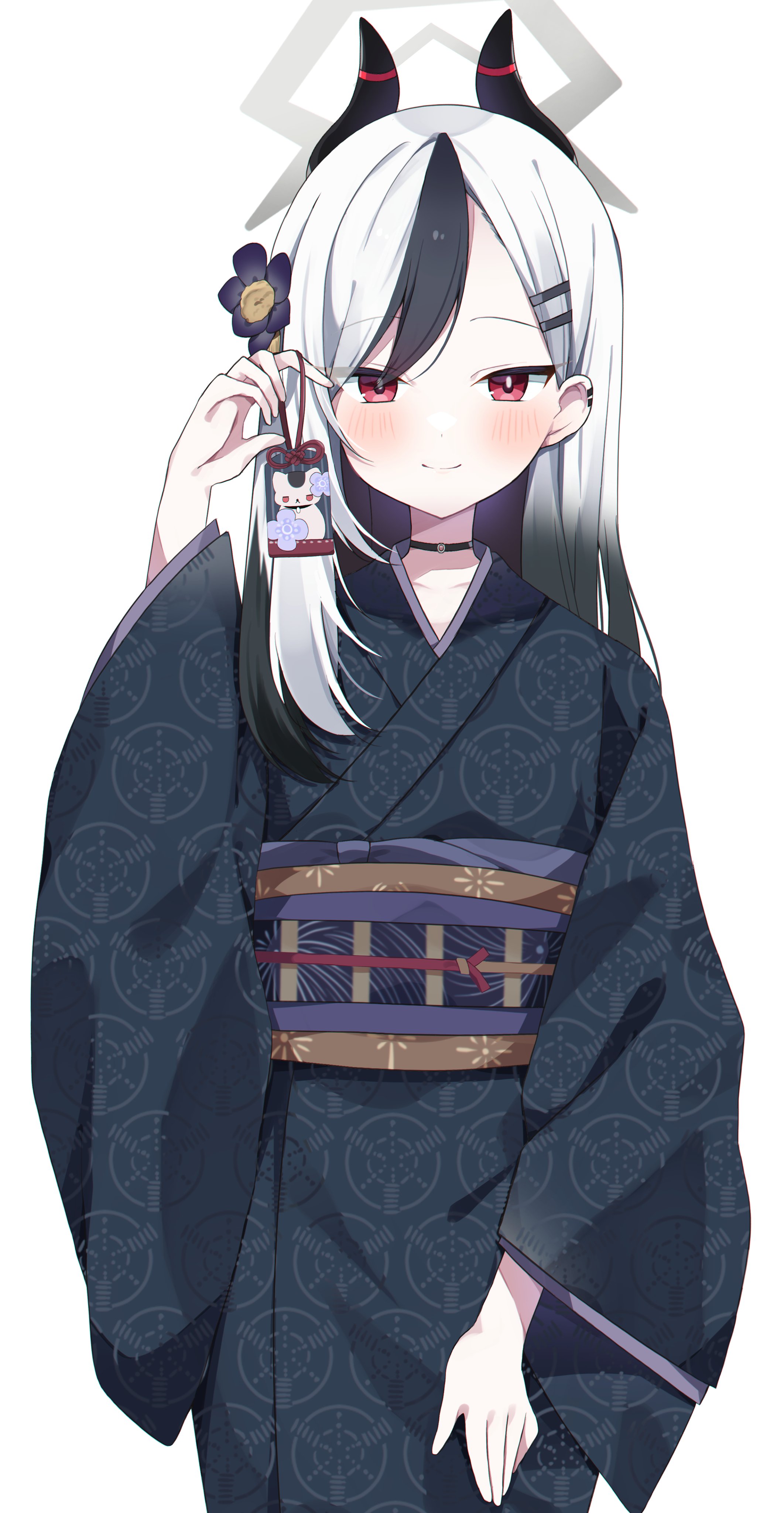 Safebooru - 1girl absurdres asymmetrical bangs black choker black flower black hair black kimono ...
