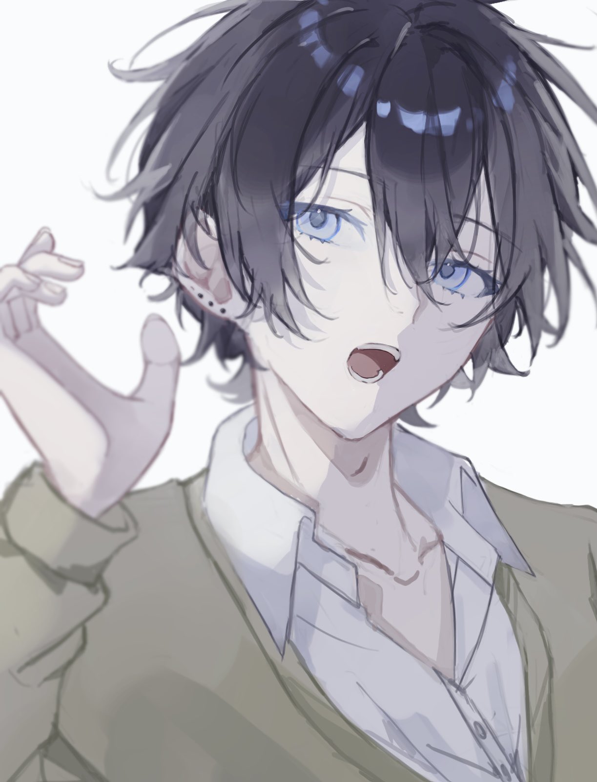 Safebooru - 1boy bishounen black hair blue eyes brown sweater collared shirt ear piercing ...