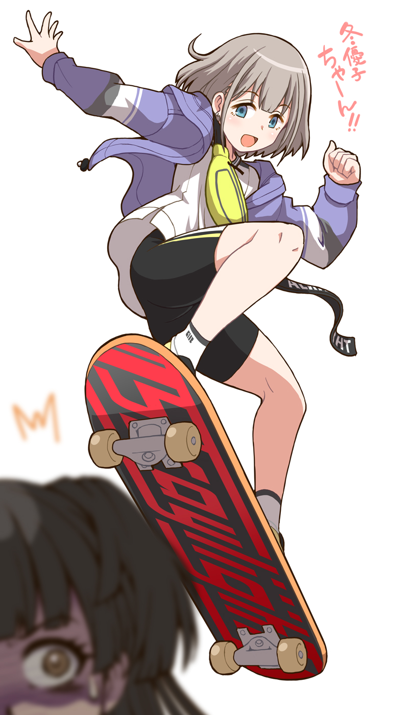 Safebooru - 2girls ^^^ ankle socks bike shorts black hair black shorts blue eyes blush brown ...